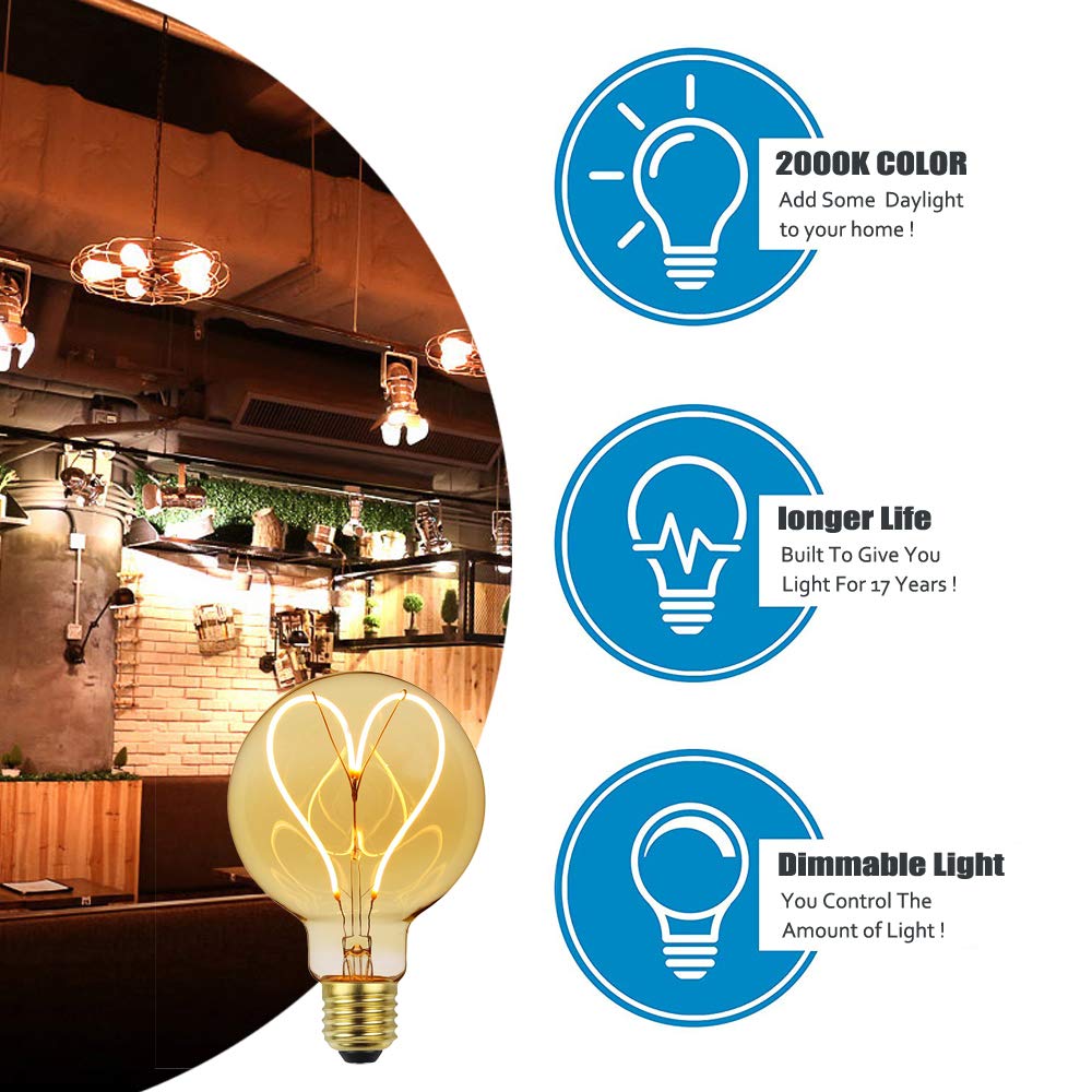 Tuneucle Led Dimmable Hearts Edison Bulb 4W 110V Antique Style Edison Light Bulbs,2000K Warm White (Amber Gold Glass), LED Vintage Light Bulb Fixtures,G95, E26 E27 Base