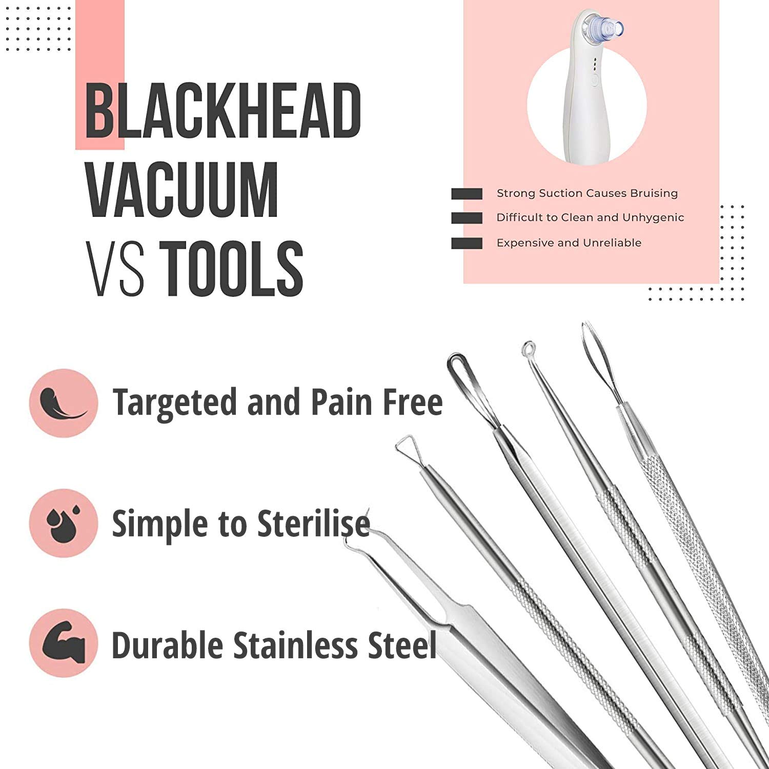 The Good Stuff Black Head Removal Tools with Mirrored Travel Case, 5 pcs Kit, Black