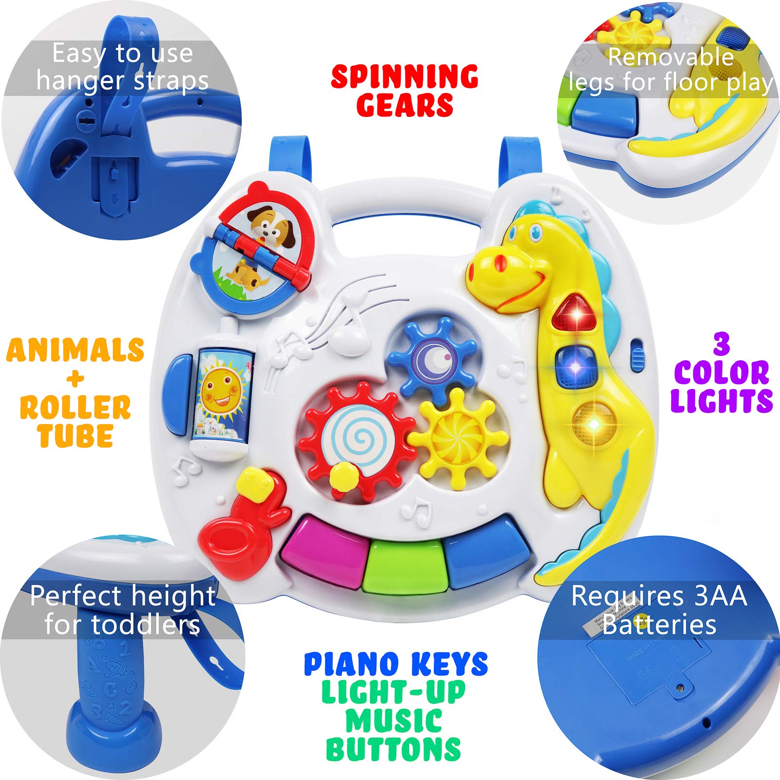 TeganPlay Musical Learning Table 6 Months Up Activity Center 2-in-1 Activity Center for Baby Interactive Learning Toy Piano and Crib Toy with Straps