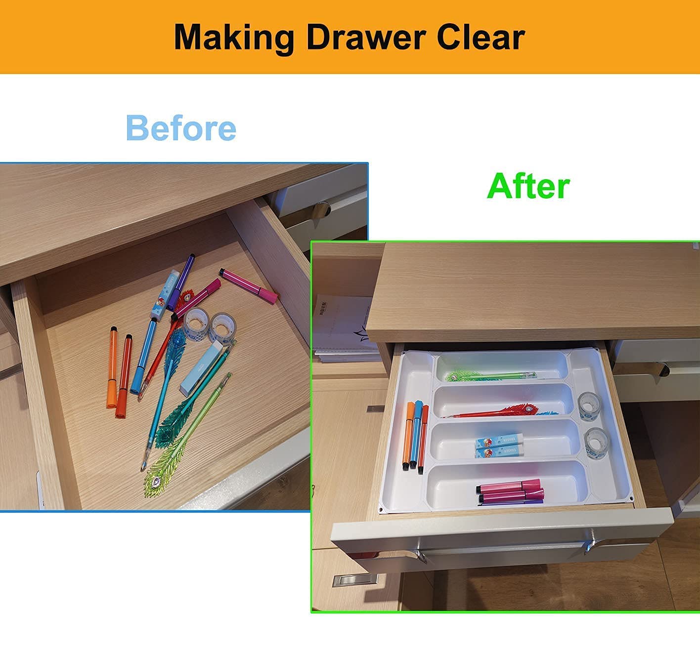 TUNGTAR Custom silverware drawer tray16'' expandable utensil holder tray for drawer utensil organizer kitchen Flatware Storage Drawer Dividers Holder 6in1 (White, Large),10.25 * 15.5'' 6IN1