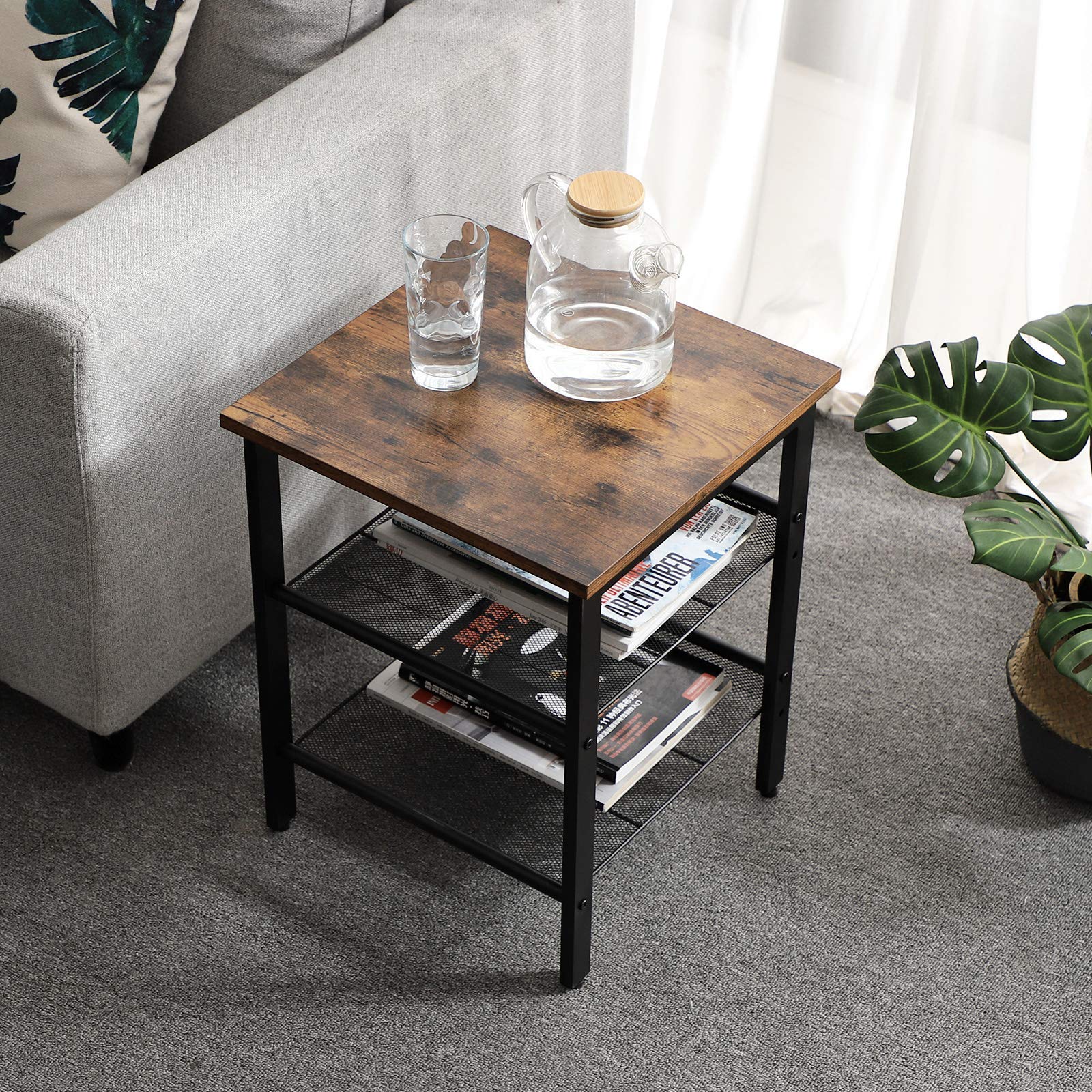 VASAGLE Computer Desk Bundle with Set of 2 Side Tables, Industrial Style Office Furniture Set with Stable Metal Frames, Shelving, Rustic Brown ULWD55X and ULET24X