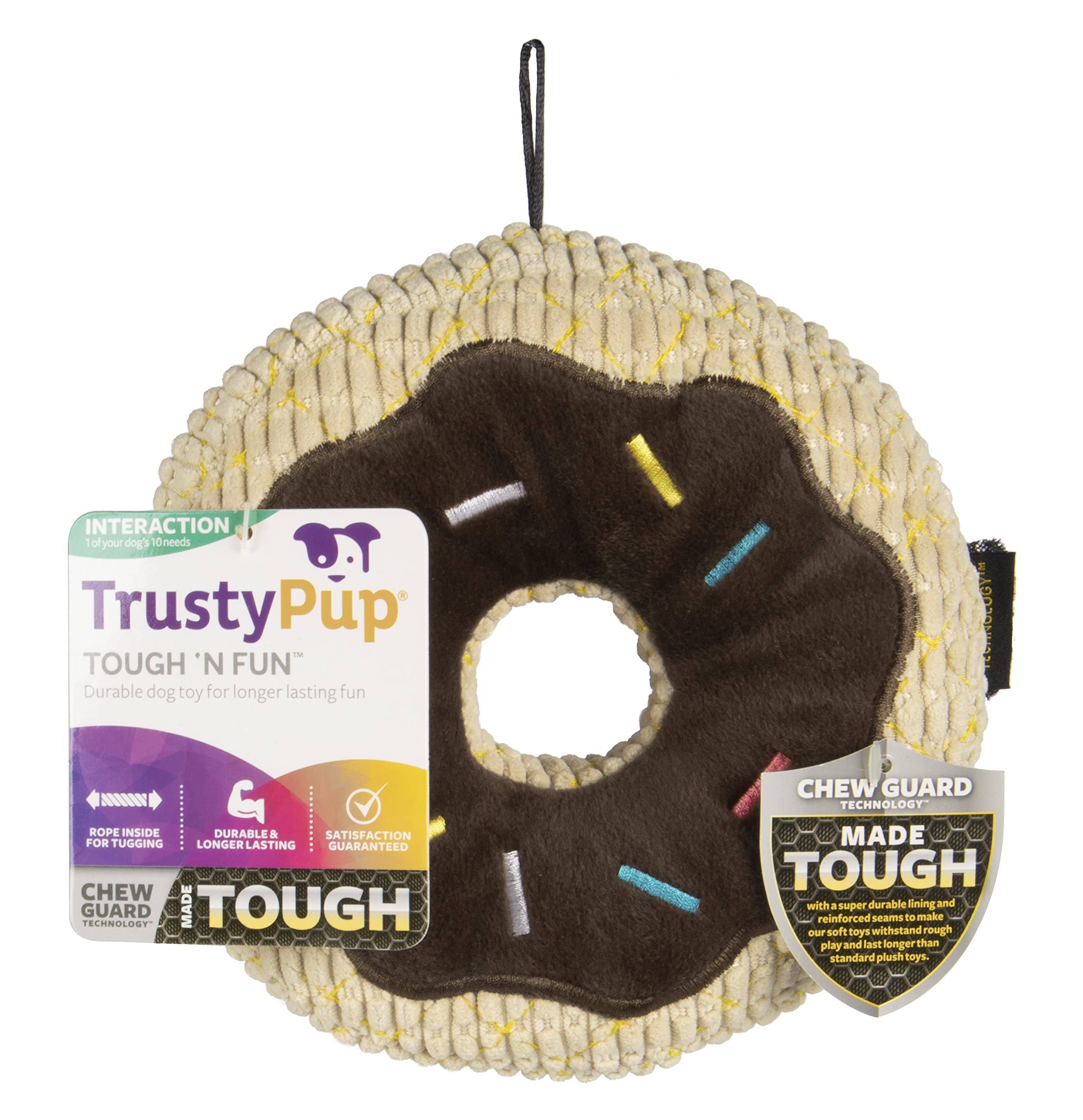 TrustyPup Tough 'N Fun Chocolate Donut Squeaky Plush Dog Toy, Chew Guard Technology - Brown, Large