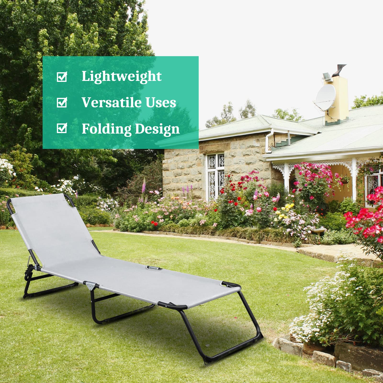 VINGLI Folding Chaise Lounge, Adjustable 4 Position Patio Chair Recliner, Sunbathing Chair for Beach Outdoor Pool Patio Deck (Grey, without Canopy)