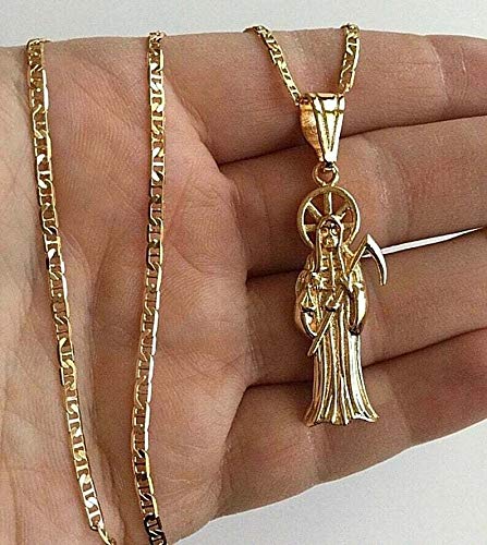 Yonune 18K GOLD PLATED GRIM REAPER NECKLACE 20" LONG / 18K BANO DE ORO CADENA DE LA SANTA MUERTE 20" LARGO-P77