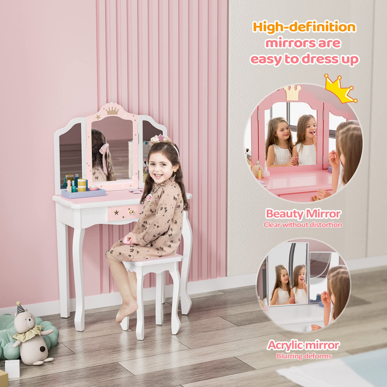 VALUE BOX Kids Vanity Table and Stool for Makeup Dressing with Mirrors Drawers, White Pink