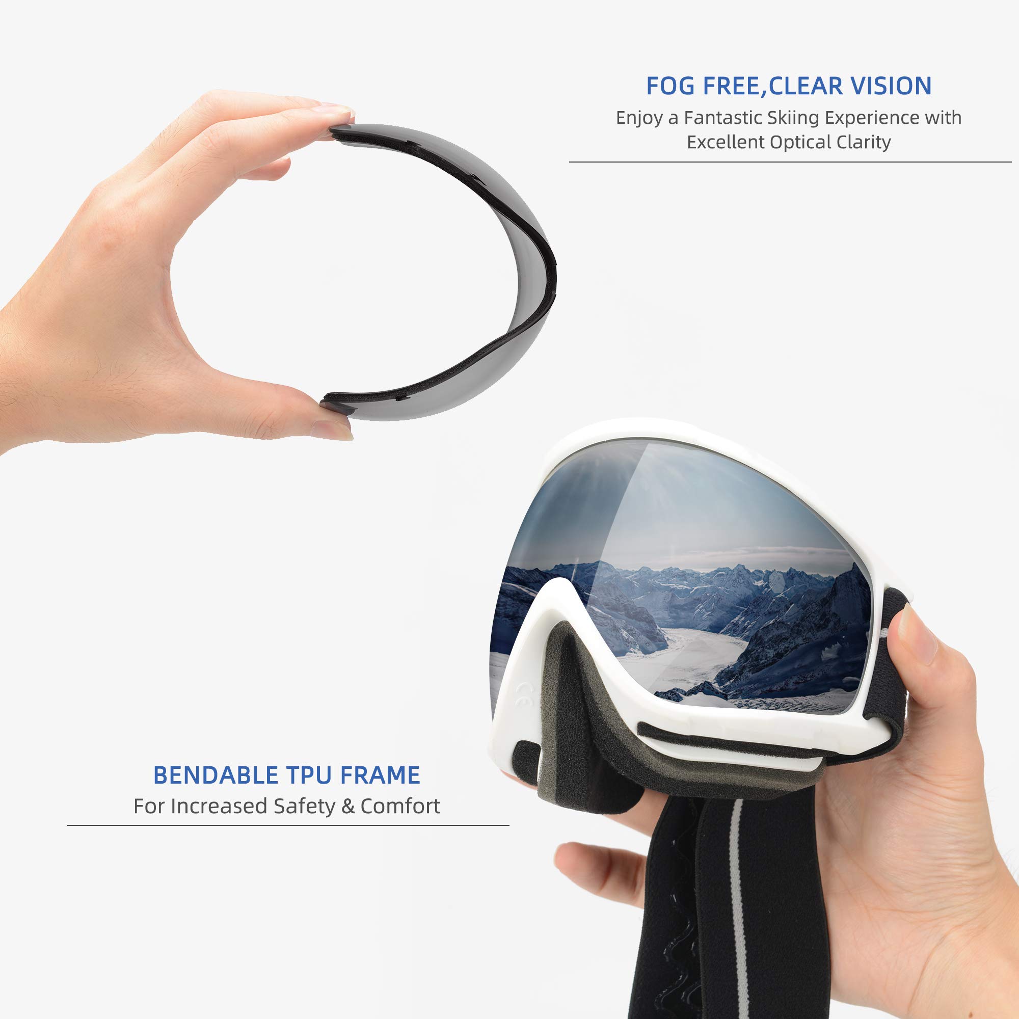 TurnWay OTG Ski/Snowboard Goggles - 100% UV Protection, Anti-Scratch & Anti-Fog - Snow Goggles for Men, Women & Youth