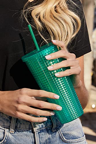 WEST & FIFTH Grid Plastic Cold-Cup Tumbler with Straw, Iridescent Semi-Transparent Square-Textured Cup, BPA-Free Double-Wall Cup for Iced Coffee, Cold Drinks, or Water, 24oz., Mint
