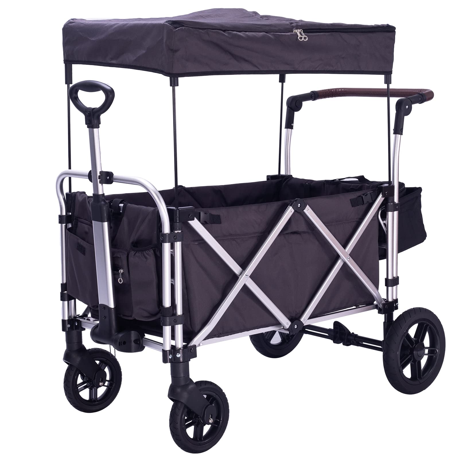 Stroller Wagon for 2 Kids, Wagon Cart Featuring 2 Seat with 5-Point Harnesses and Adjustable Canopy, Foldable Push-Pull Rod Wagon Stroller for Garden, Stroller, Camping, Grocery Cart (Black)