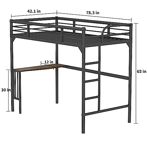 Voohek Twin Size Metal Loft Bed with Desk, Ladder and Guardrails, Bunk Bed Frame for Bedroom, Anti Wobbly Design, Large Weight Capacity, Black