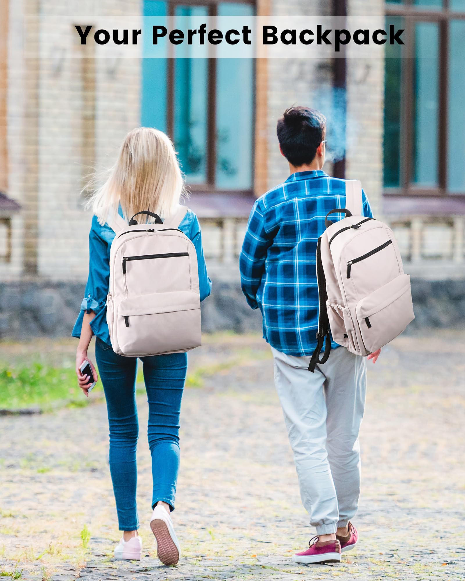 Vorspack Backpack for Men and Women - Lightweight Backpack Classical Basic Bookbag with Multi-pockets Casual Daypack for College Workplace Travel - Beige
