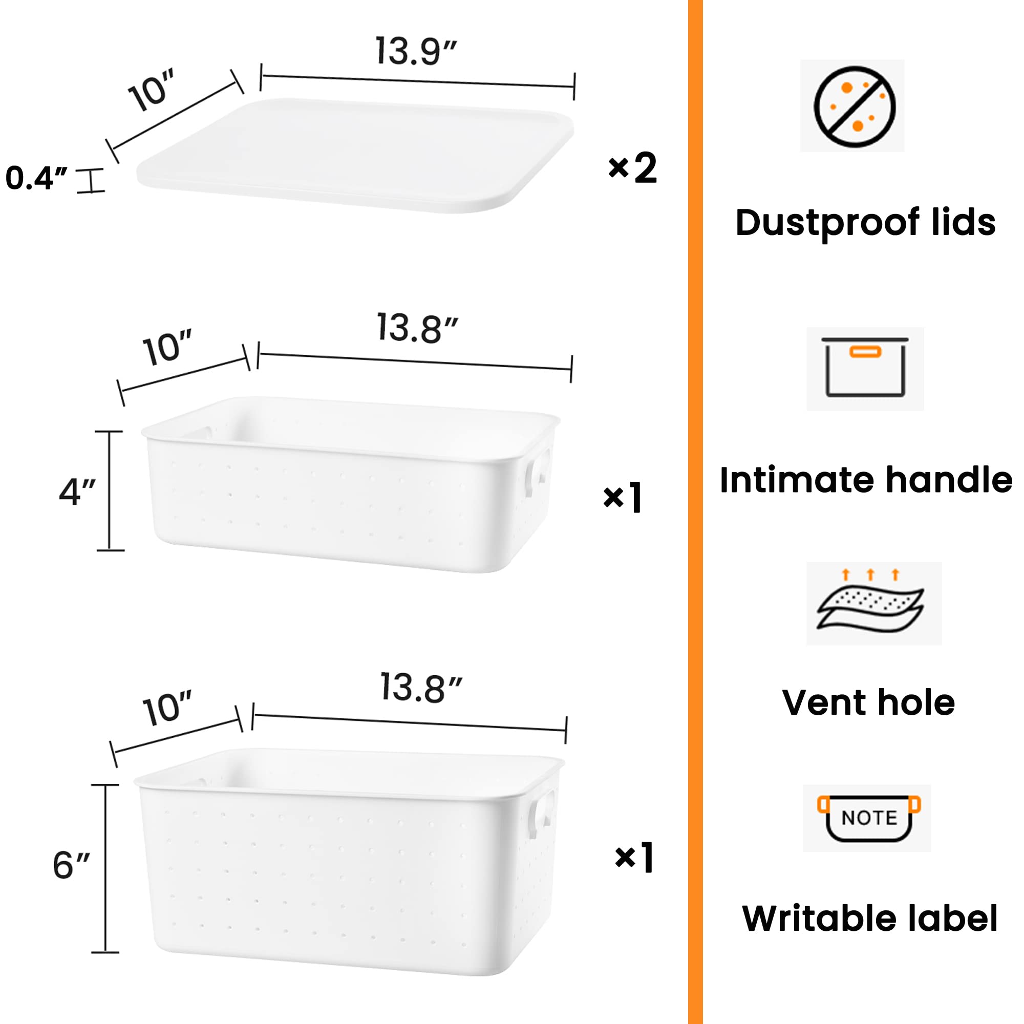vacane Large Plastic Storage Baskets with Snap Lid, Extremely Durable, Storage Baskets for Organizing Stackable Storage Box with Handle for Closet Office, 14 x 10 x 8 inch, White