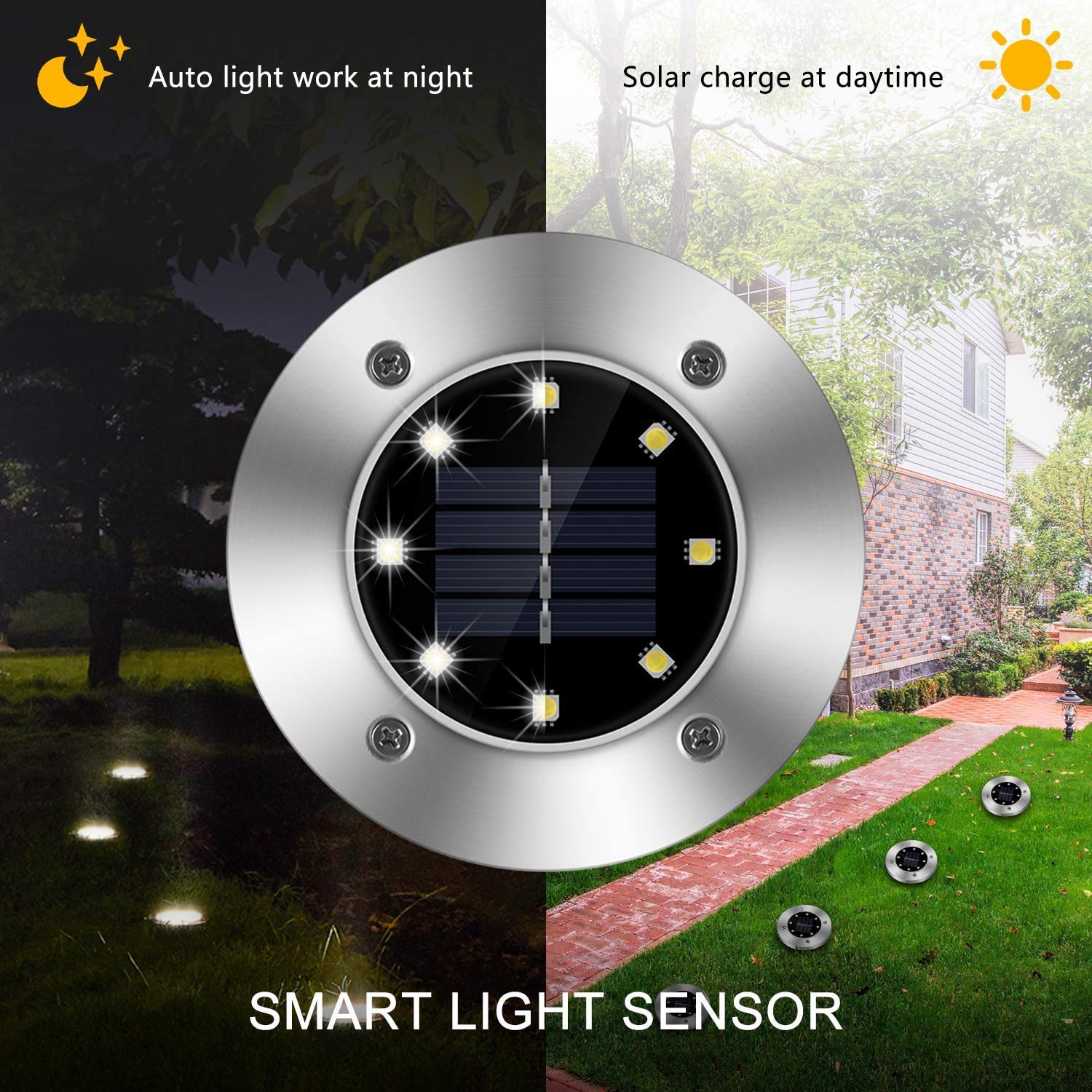 ZGWJ Solar 8 LED Disk Lights Upgraded Outdoor Ground Garden Landscape Lights for Lawn Pathway Yard Deck Patio Walkway (White)