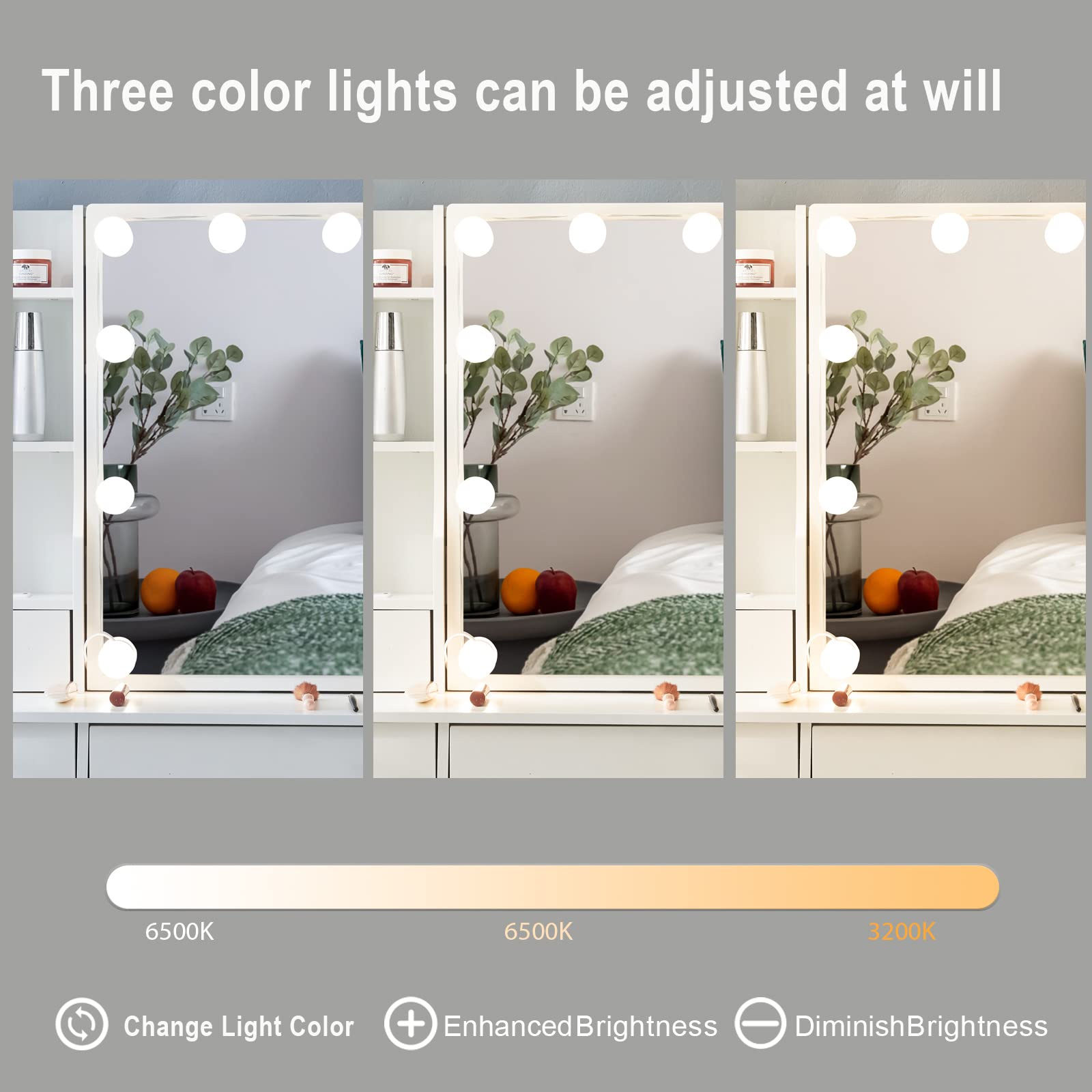 Vanity Desk Makeup Dressing Table with LED Lighted Mirror Cushioned Stool Set 3 Color Lighting Modes Storage Shelves 5 Drawers Brightness Adjustable Modern for Women Girls Bedroom White