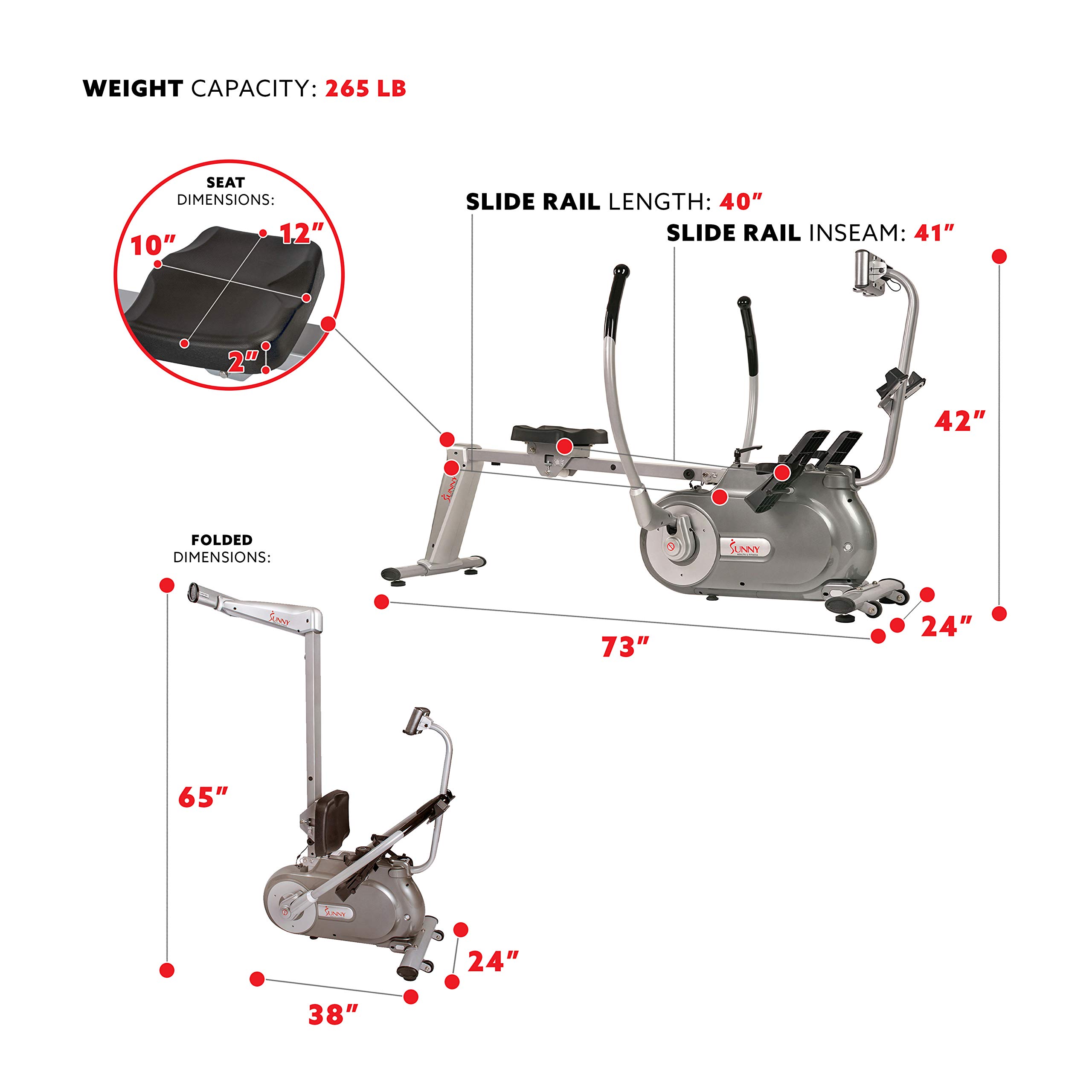 Sunny Health & Fitness Full Motion Magnetic Rowing Machine Rower with Advanced LCD Display, Elevated Seat, 265 LB Max Weight and Foldable - SF-RW5864