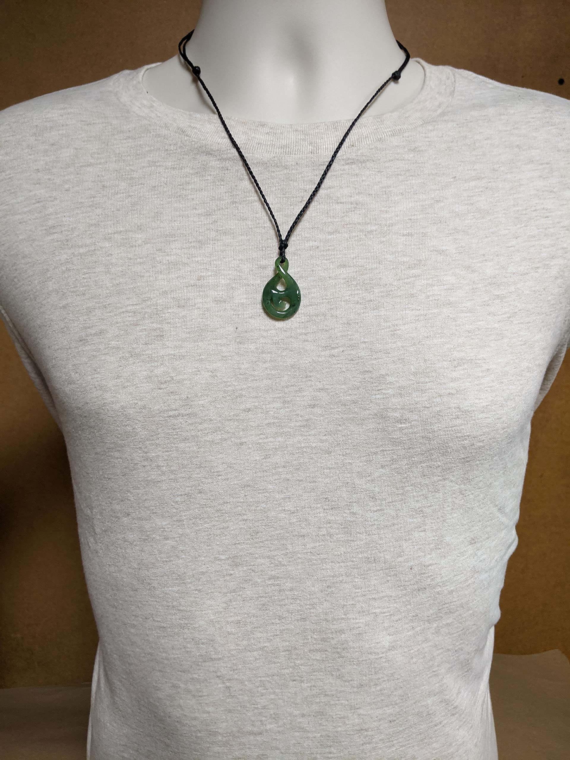 Traditional Style Green Nephrite Jade Infinity Twist Necklace with Koru Spiral