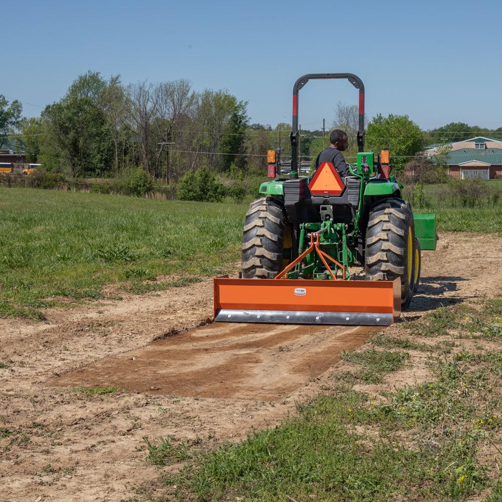 Titan Attachments 3 Point 4FT Rear Box Blade Scraper Grader, Category 0 and 1 Hitch Tractor Attachment, 4 Scarifier Teeth, Reversible Cutting Edge