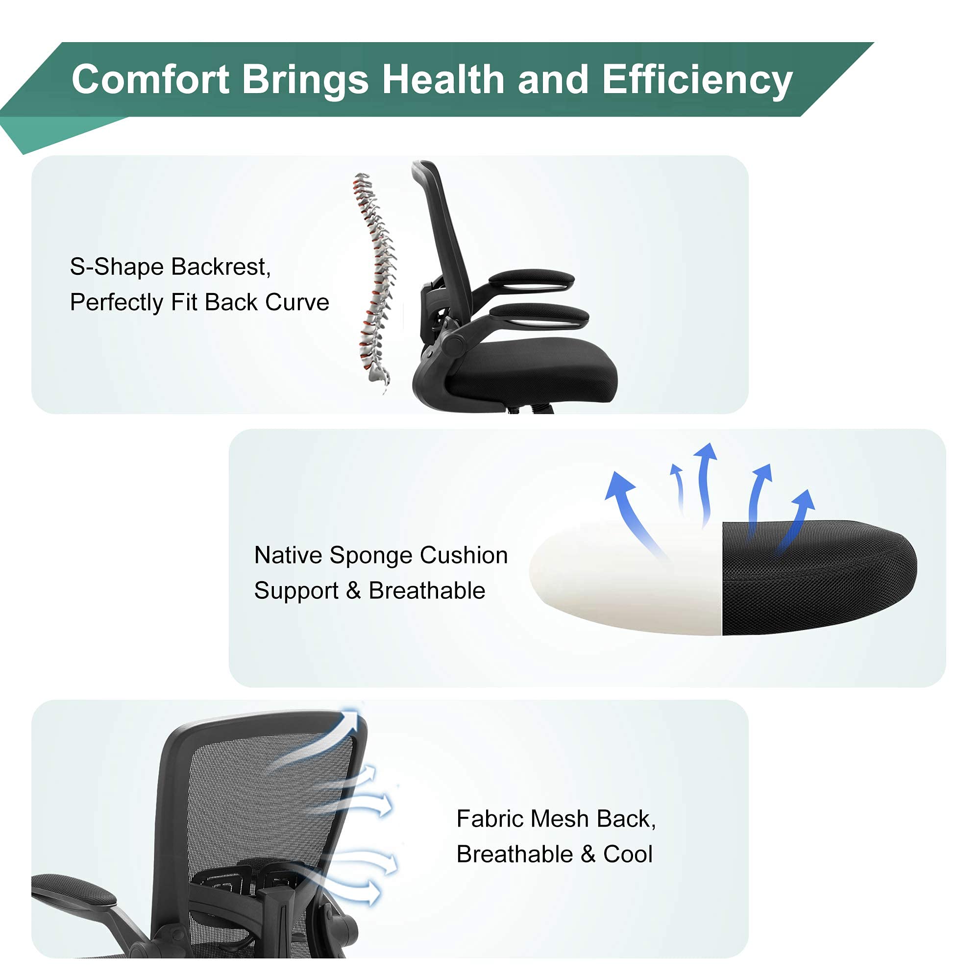 Upgraded Ergonomic Office Chair, Home Office Chair with Adjustable Lumbar Support, Ergonomic Desk Chair with Flip-up Armrests, Mesh Computer Chair with High Resilience Thickened Cushion, Black