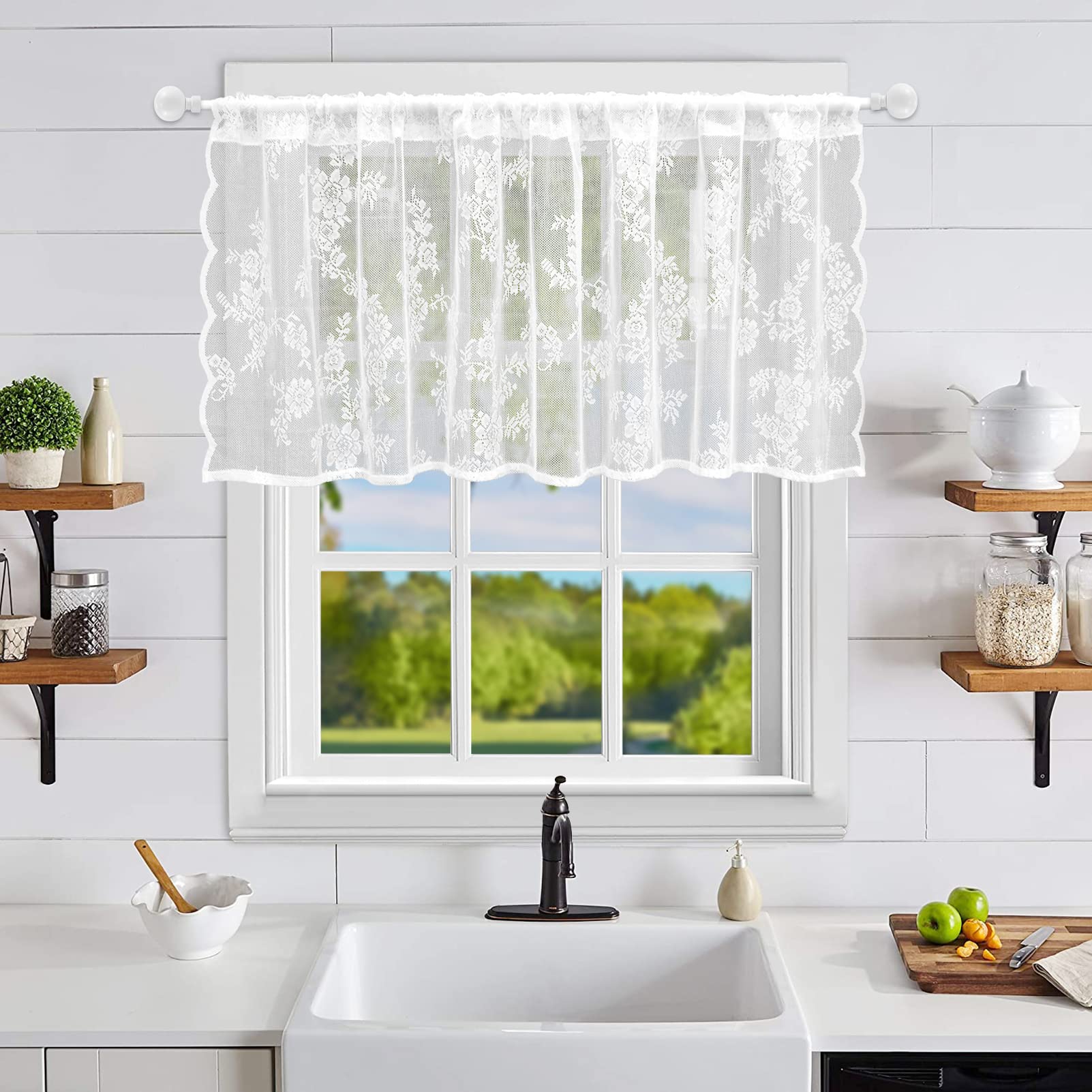 Zhh Sheer Lace Valance Kitchen Short Curtain White Grid Flower Curtain for Window Bedroom Livingroom Decor 23 by 57-Inch, 1 Panel
