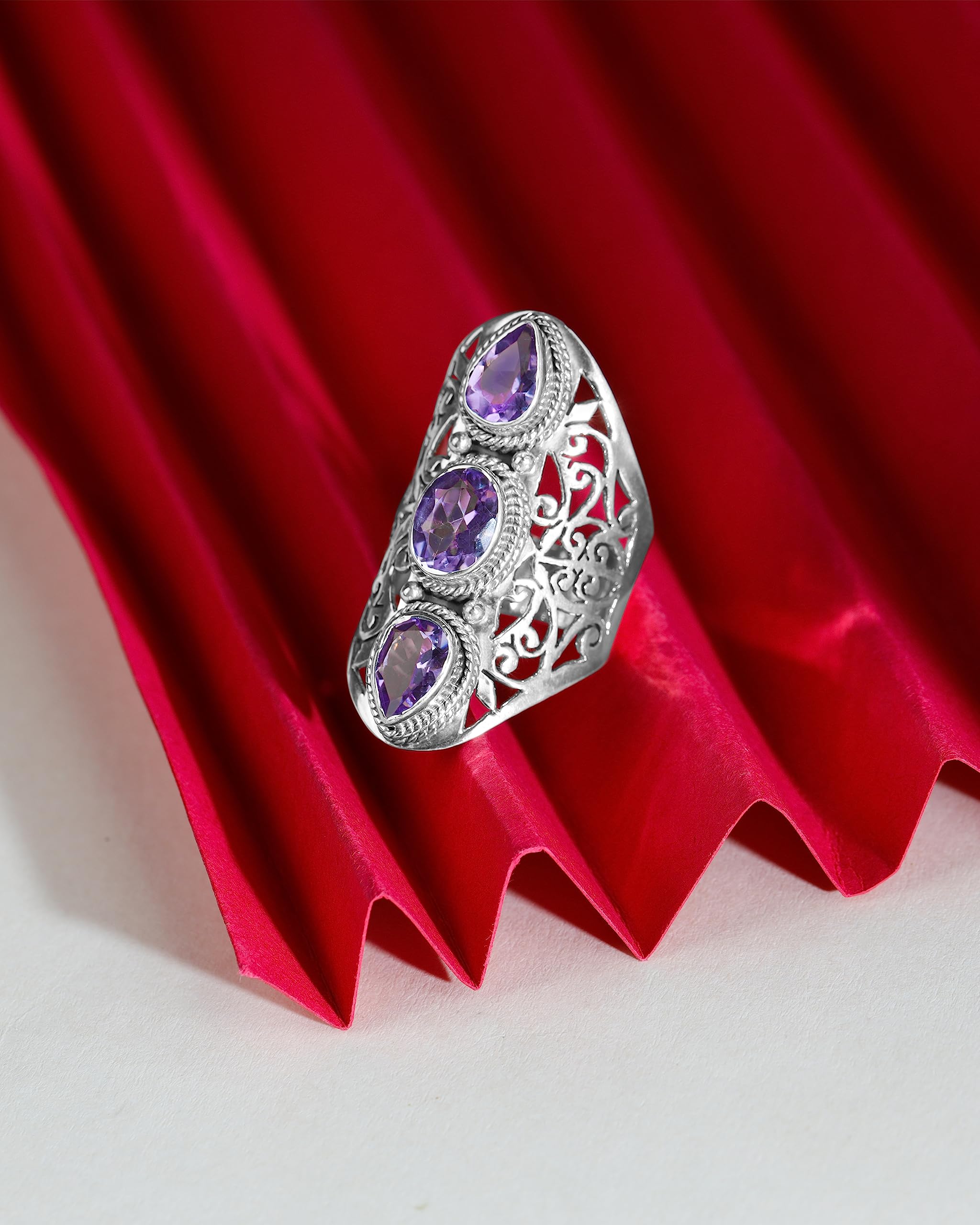 YoTreasure .925 Sterling Silver Amethyst Crystals Filigree Three Stone Ring