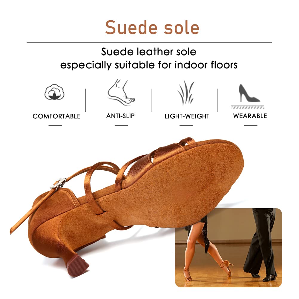 VCIXXVCE Women's Professional Latin Dance Shoes Tan Open Toe Ballroom Salsa Practice Performance Dance Shoes 3 Inch Heel,7 US