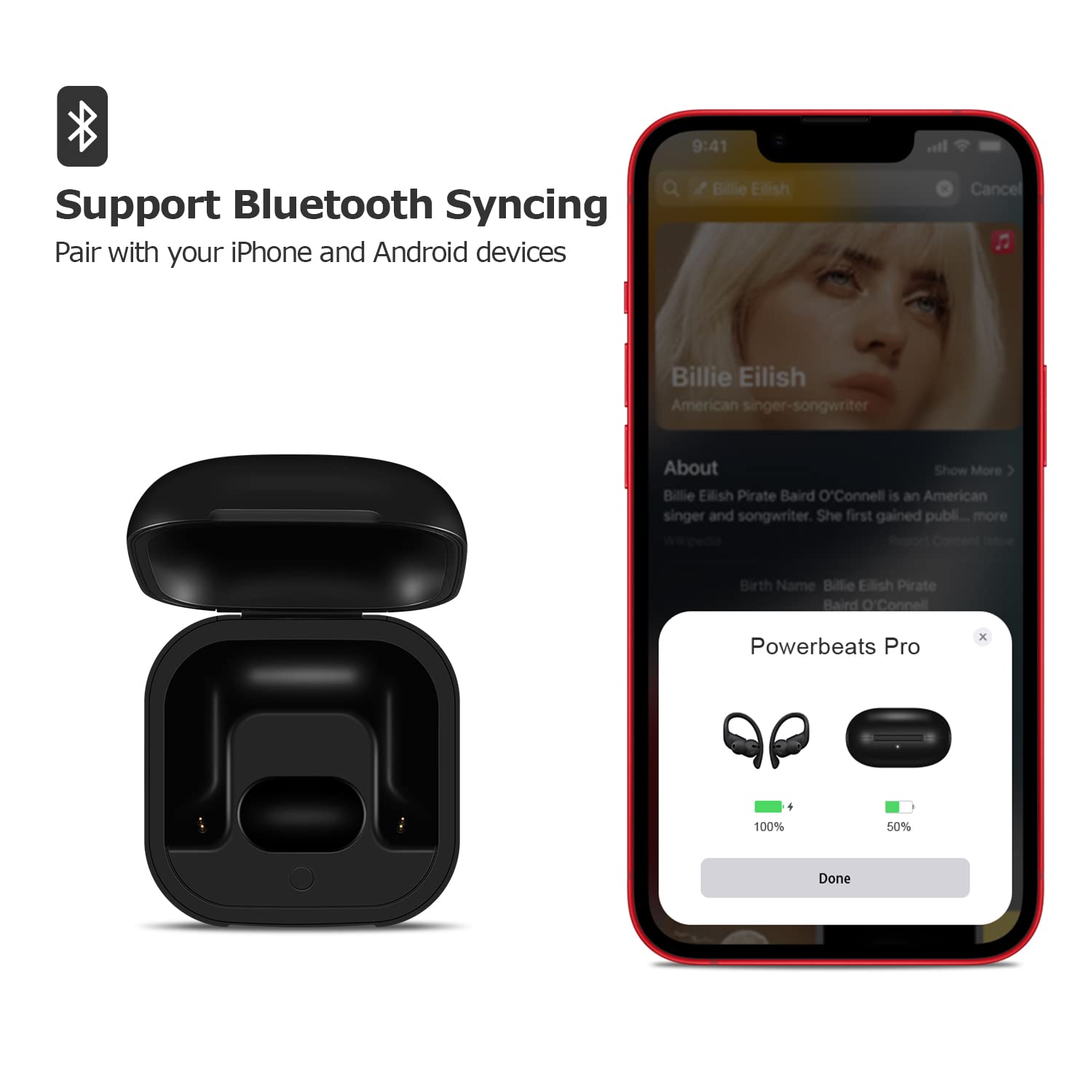 Wireless Charging Case Compatible with Powerbeats Pro, Charger Case Replacement with Bluetooth Pairing Sync Button & 700mAh Built-in Battery, NO Powerbeats Pro, Black