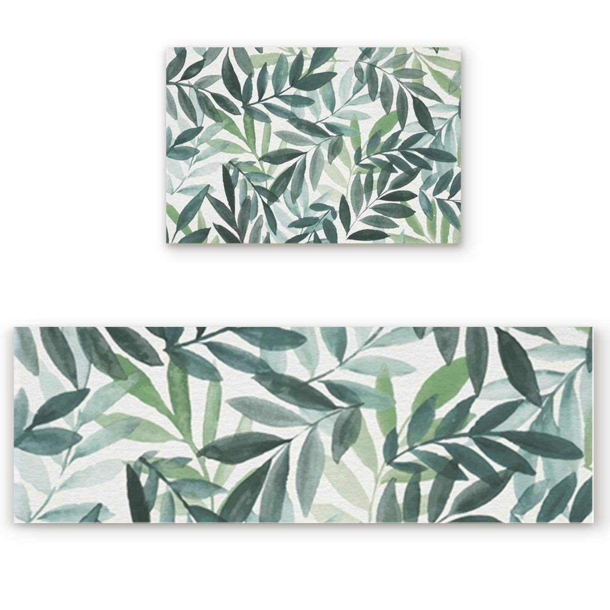 Z&L Home Watercolor Fresh Green Leaves Kitchen Rug Sets 2 Piece Floor Mat Non-Slip Rubber Backing Area Runners Door Mats, Natural Plant Indoor Washable Carpet