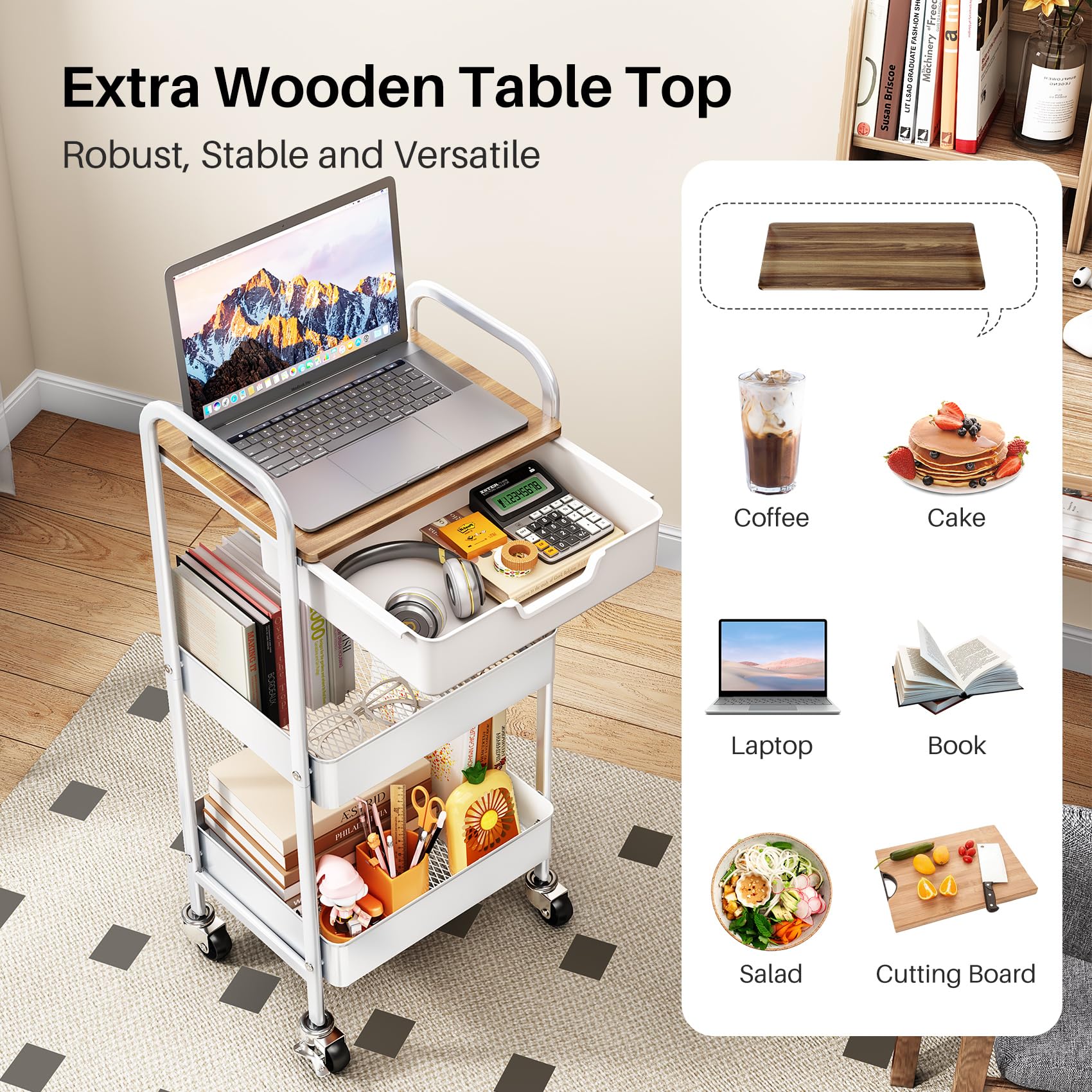 SNTD 3 Tier Rolling Utility Cart - Metal Rolling Cart on Wheels with Drawer, Wooden Table Storage Cart (Black)