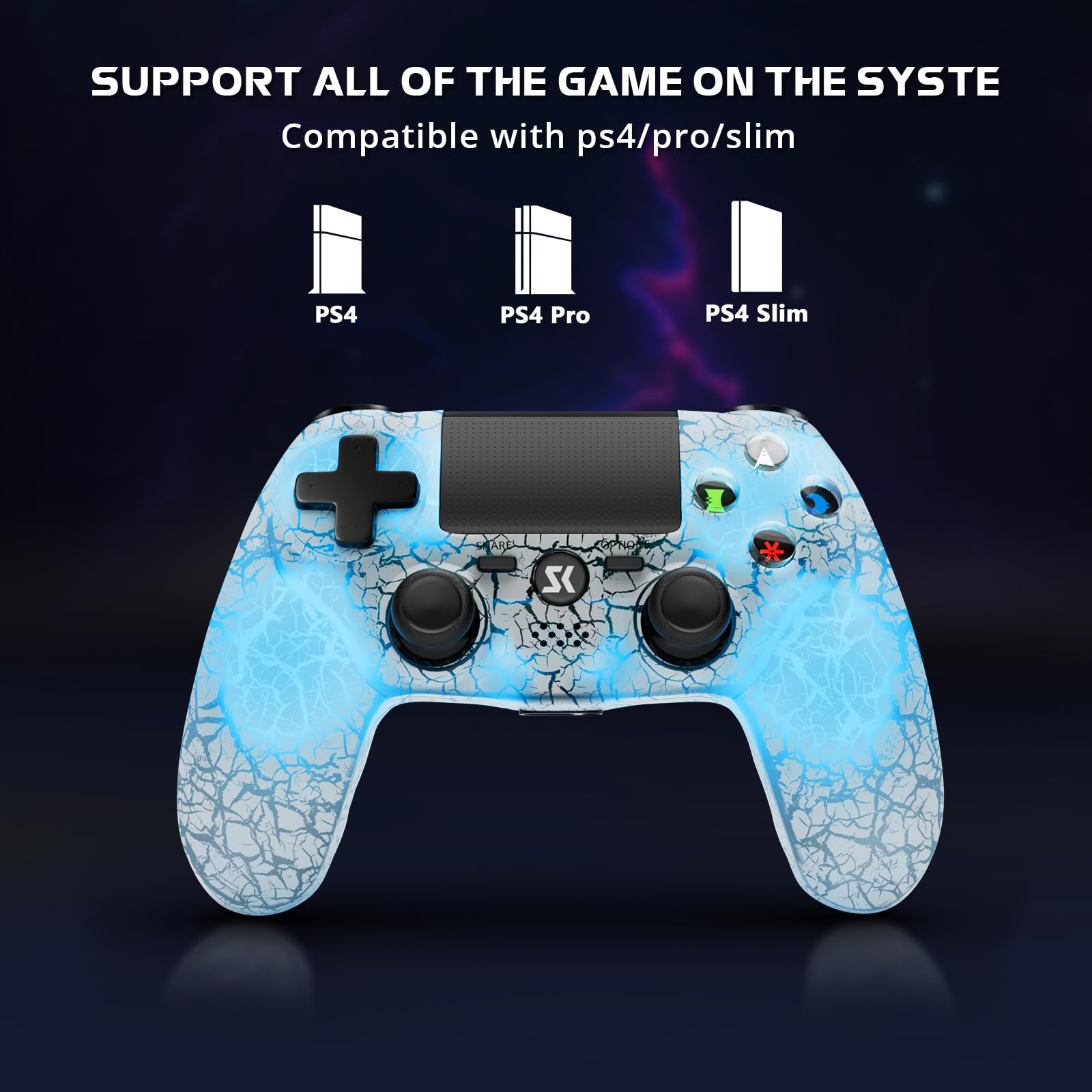 Wireless Controller for PS4, LED Backlit Controller for Sony PlayStation 4, Double Shock 6-Axis Motion Sensor, 1000mAh Battery, Built-in Speaker & 3.5mm Headphone Jack, Adjustable RGB Backlight, White