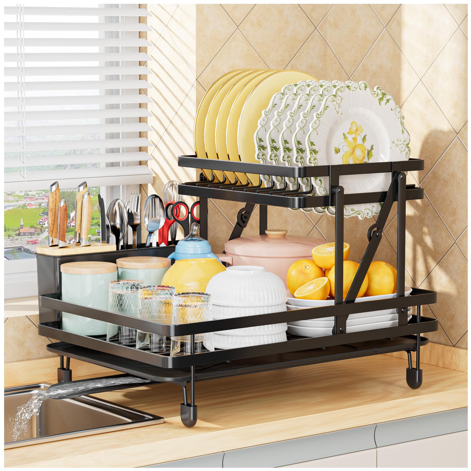 YKLSLH Dish Drying Rack, Collapsible Dish Racks for Kitchen Counter, 2 Tier Sturdy Dish Drainer with Utensil Holder-Kitchen Drying Rack