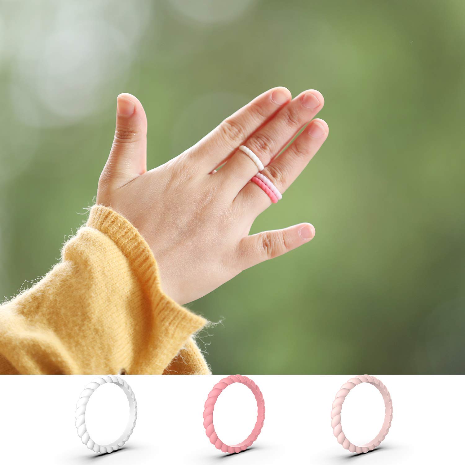 Zollen 5 Packs Silicone Wedding Rings for Women, Thin Braided Rubber Wedding Bands Stackable Ring, Hypoallergenic Silicone, Size 10
