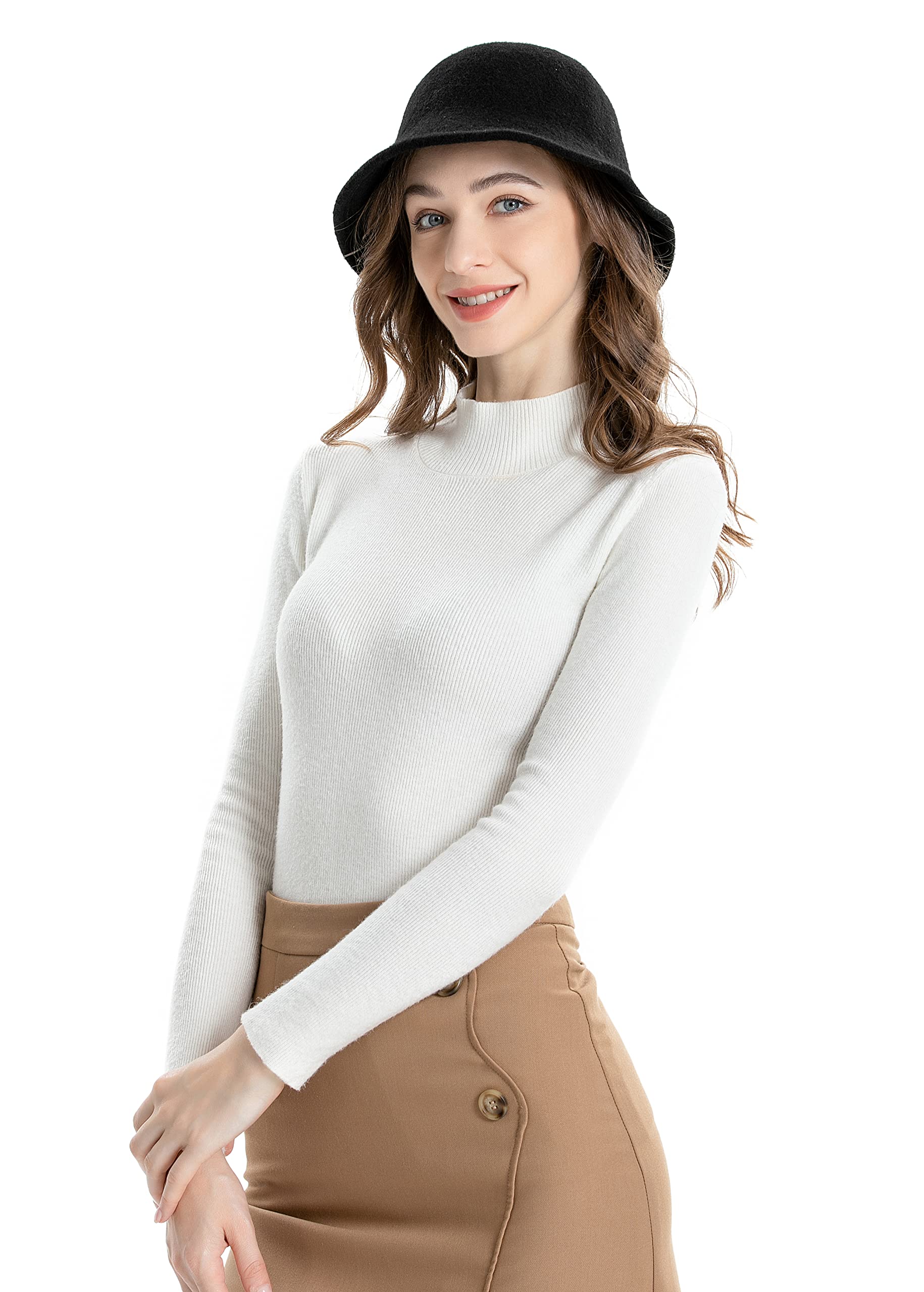 ZLYC Womens Winter Wool Bucket Hats Warm Solid Fedora (Black)