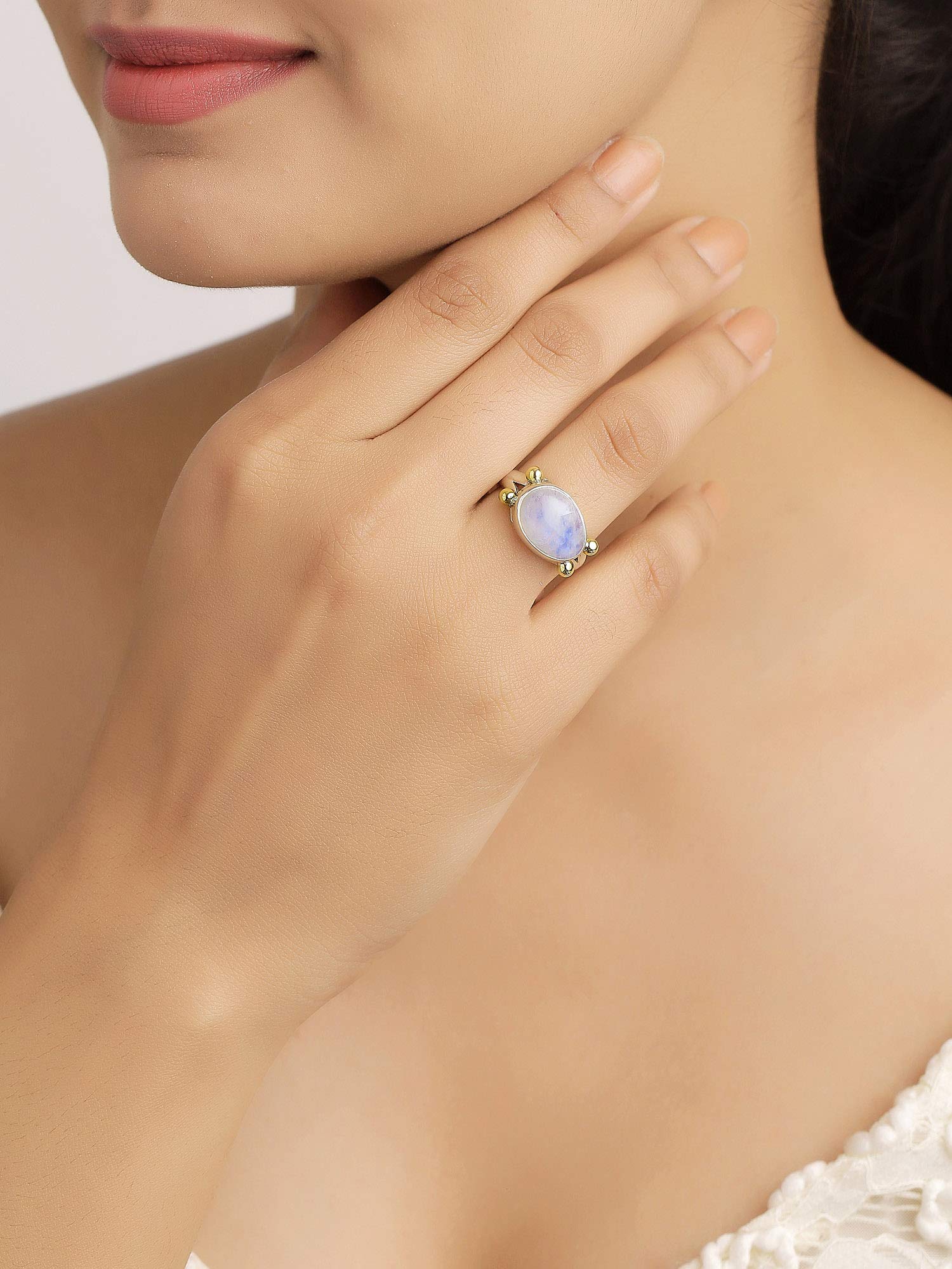 YoTreasure 10x14 MM Rainbow Moonstone Solid 925 Sterling Silver Brass Rings