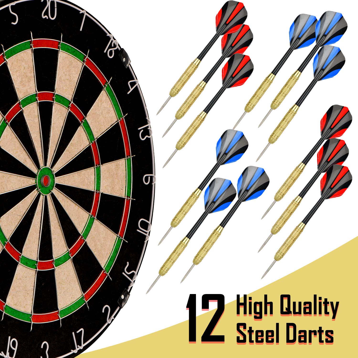 Tian ma Sisal Bristle Dartboard 17.7x1.5 Staple-Free Bullseye 12 Steel Tip Darts 18g Dartboards Mounting Kits Included
