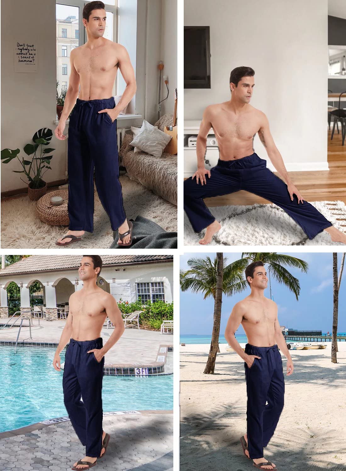 YuKaiChen Men's Linen Cotton Yoga Pants Lounge Casual Sweatpants Beach Trousers Blue L