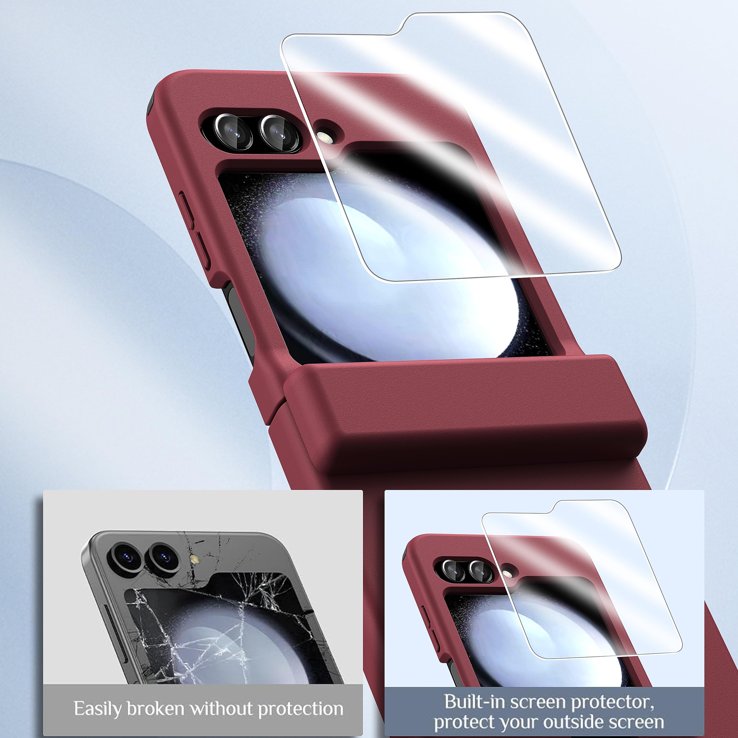 X-FOUR Compatible with Galaxy Z Flip 5 Case with Hinge Protection Card Holder & Screen Protector - Hard PC TPU Anti-Slip Shockproof Protective Case for Samsung Galaxy Z Flip 5 (Burgundy)