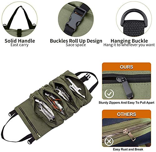 Super Roll Tool Roll,Multi-Purpose Roll Up Tool Bag, Wrench Roll,Canvas Tool Organizer Bucket,Car First Aid Kit Wrap Roll Storage Case,Hanging Tool Zipper Carrier Tote,Car Camping Gear