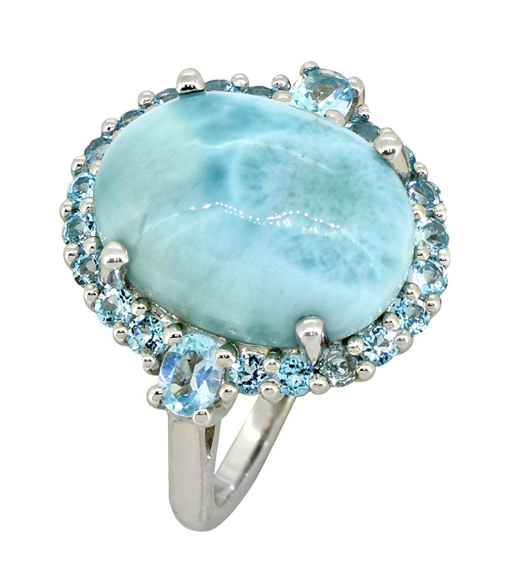 YoTreasure 12.03 Cts. Larimar Swiss Blue Topaz 925 Sterling Silver Cluster Ring
