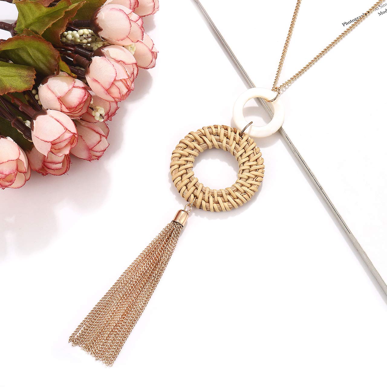UYT Tassel Pendant Necklace Handmade Straw Wicker Braid Statement Pendant Y-Shaped Long Chain Necklace for Women