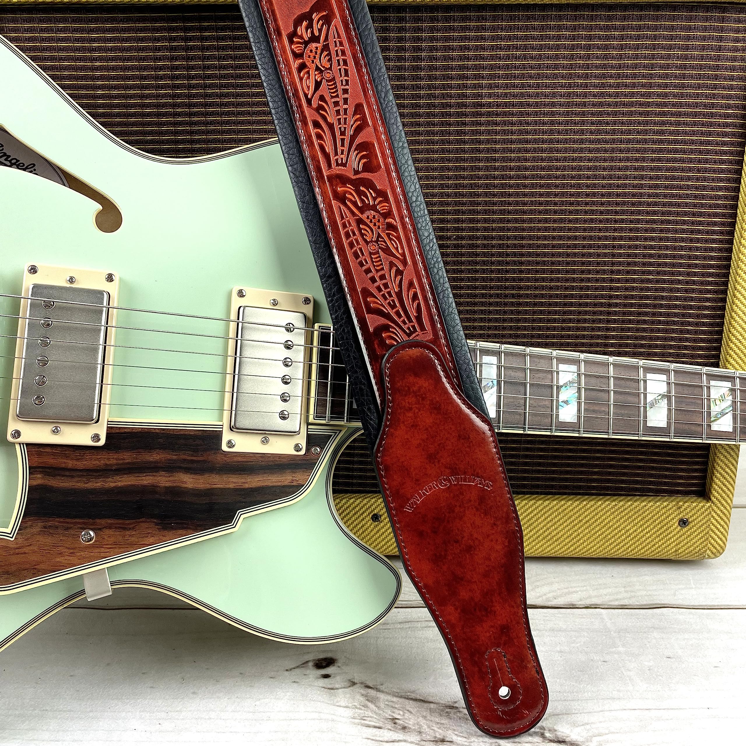 Walker & Williams GB-106 Bourbon Red Brushed Finish Guitar Strap With Padded Glove Leather Back And Classic Live Oak Pattern For Acoustic, Electric, And Bass Guitars
