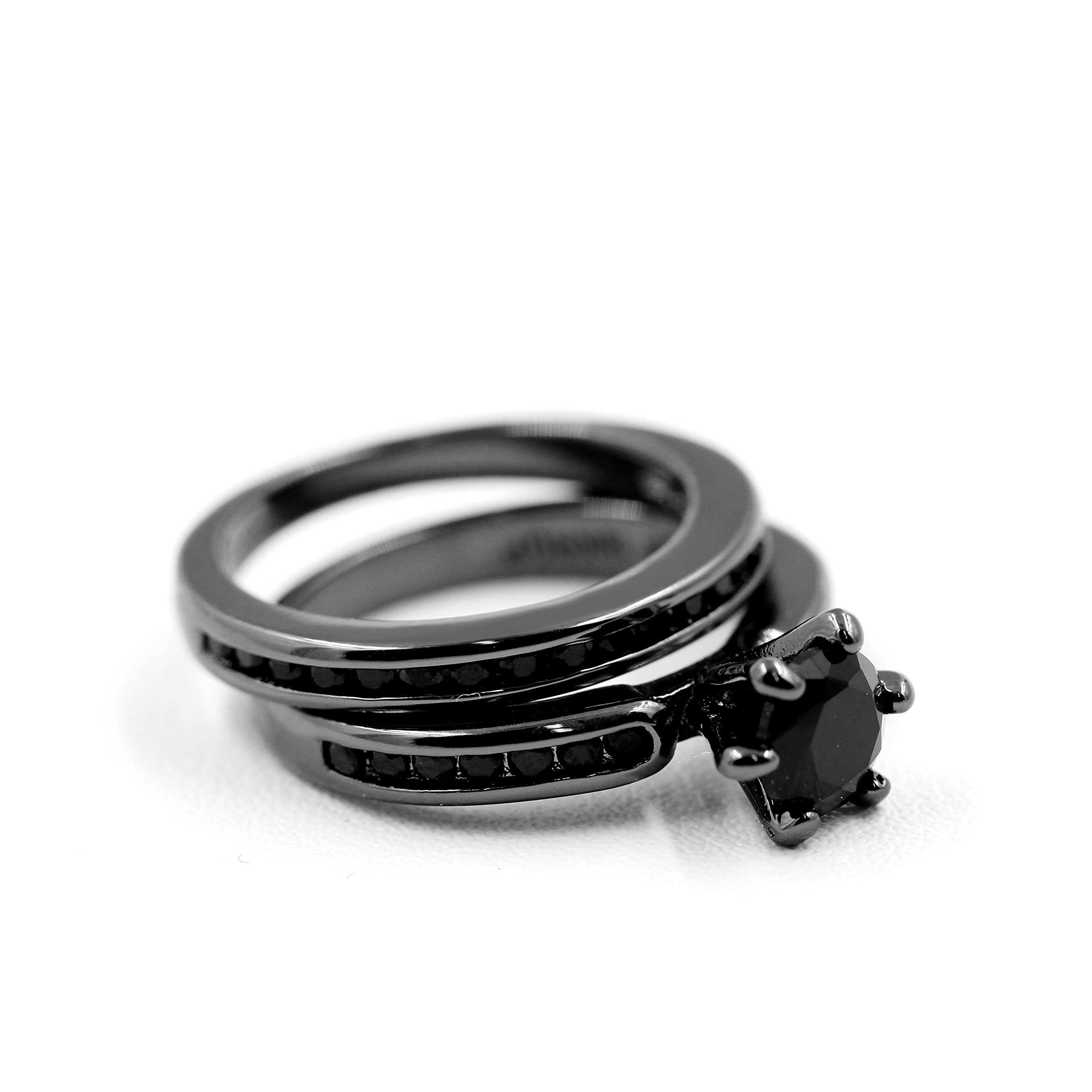 Women's 2pc Black Gold Filled Black CZ Diamond Wedding Engagement Ring Bridal Sets Wedding Band Solitaire Set (size 9)