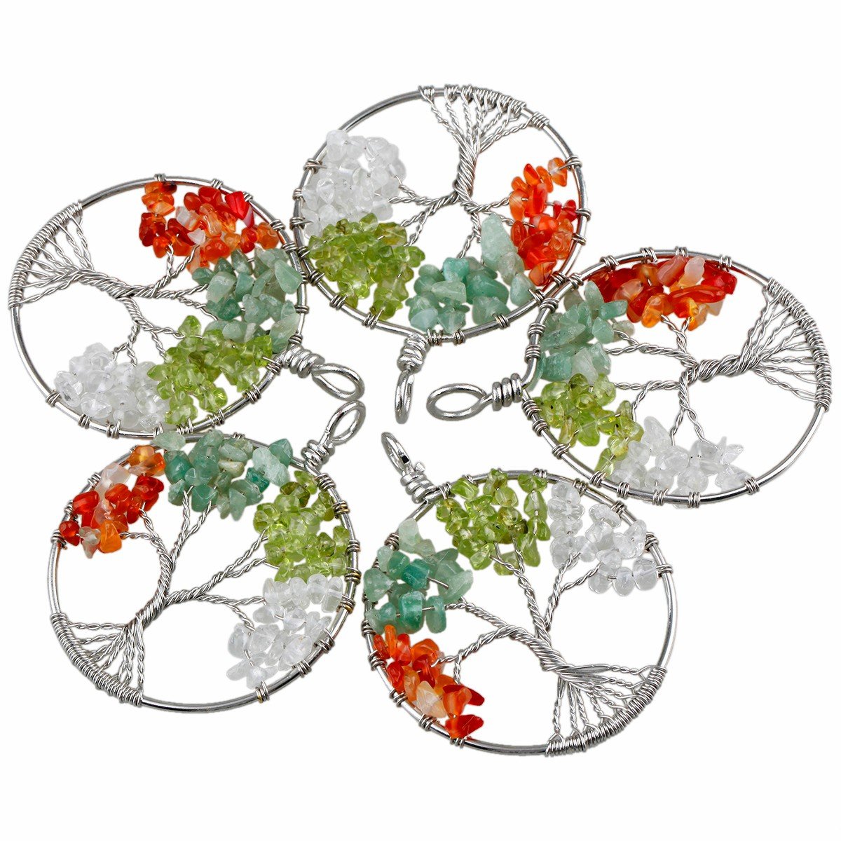 TUMBEELLUWA Tree Pendant Necklace Handmade Gemstone Chakra Alloy Jewelry for Women, Four Color Mixed Stone