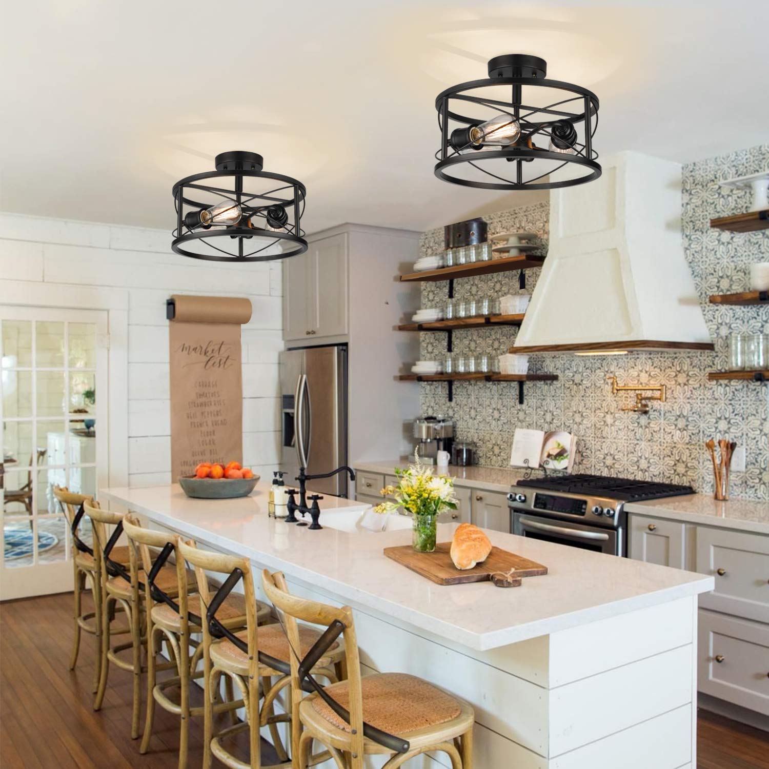SunRider Industrial 3-Light Semi Flush Mount Ceiling Light, Modern Farmhouse Lighting Fixture with Metal Cage, Black Retro Pendant Lamp for Hallway