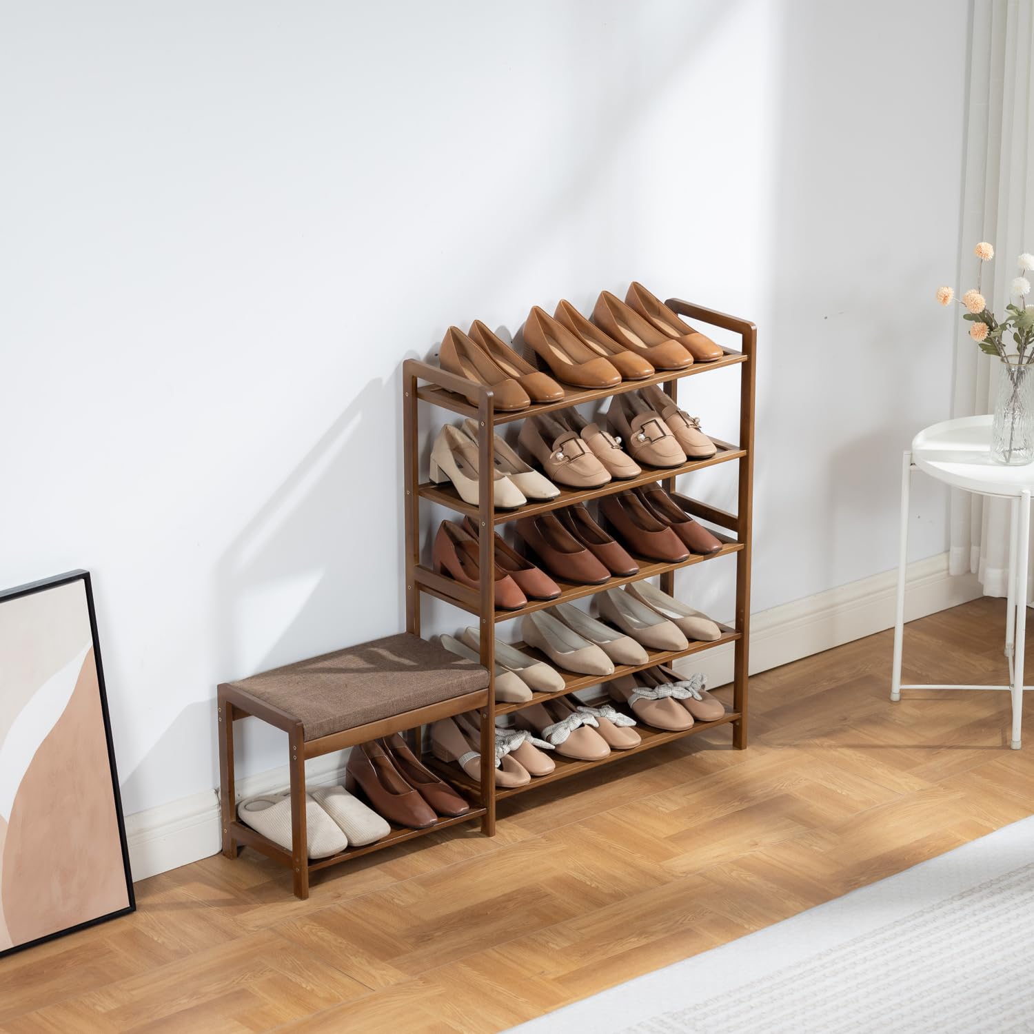 SOBIBO 5 Tier Shoe Rack, Bamboo Bench with Seat, Space-Saving Shoe Shelf, Entryway Storage, 40.94"