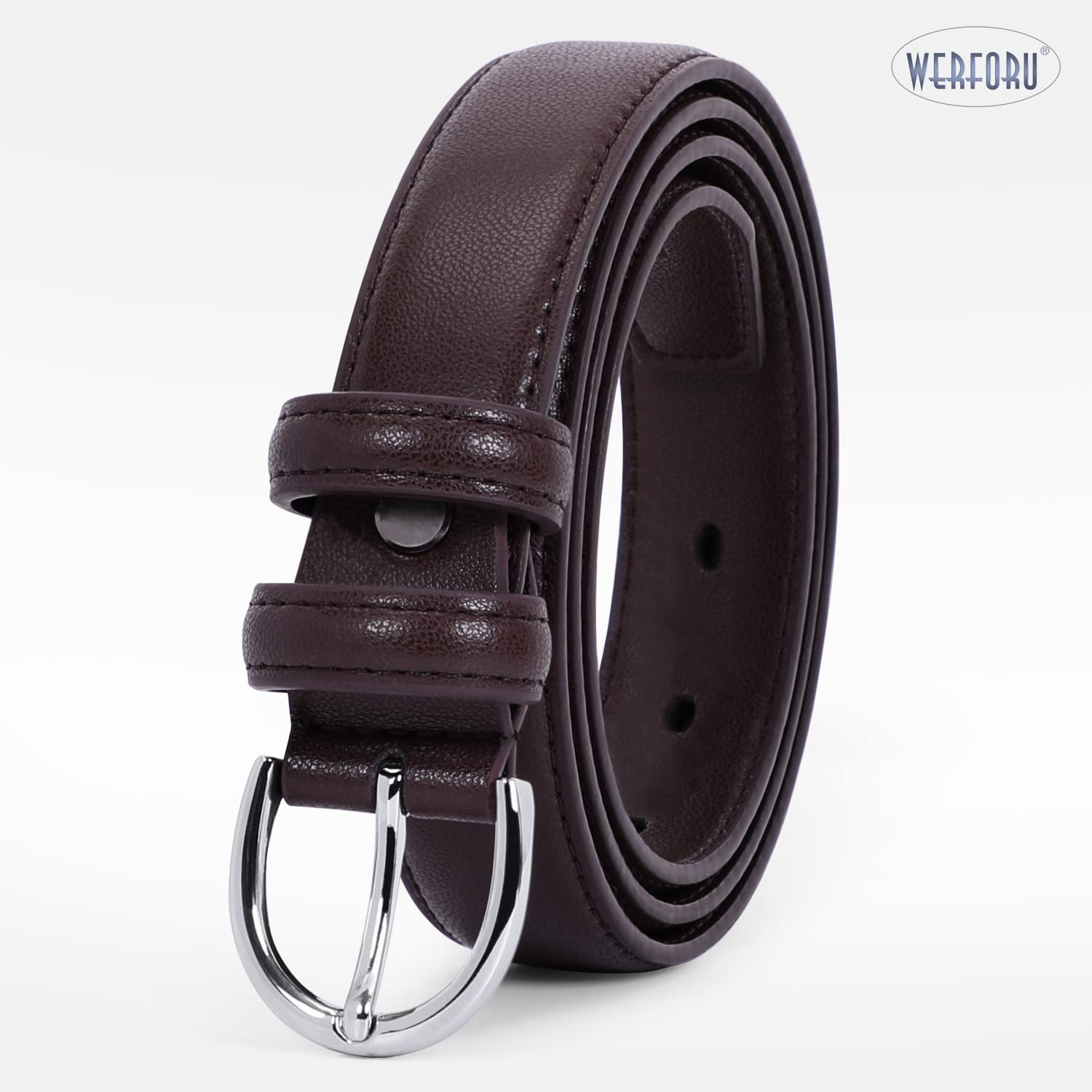 WERFORU Women Leather Belt Skinny Dress Belt for Jeans Pants with Silver Buckle