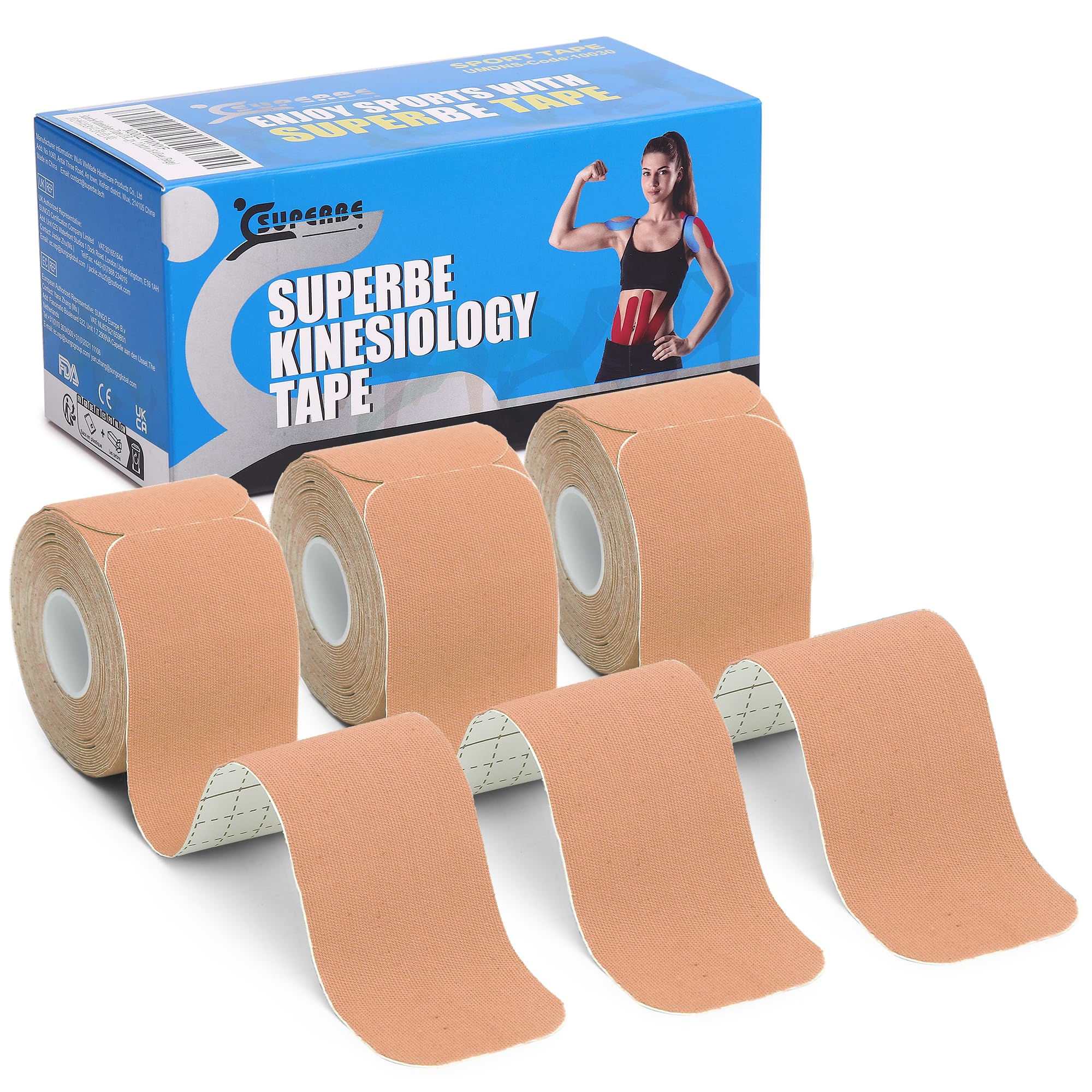 SUPERBE K Athletic Tape, Kinesiology Tape Precut - Premium Kinesthetic Tape for Muscles Knee Shoulder Elbow, 2 Inch x 16.5 feet (3 Rolls Pack)