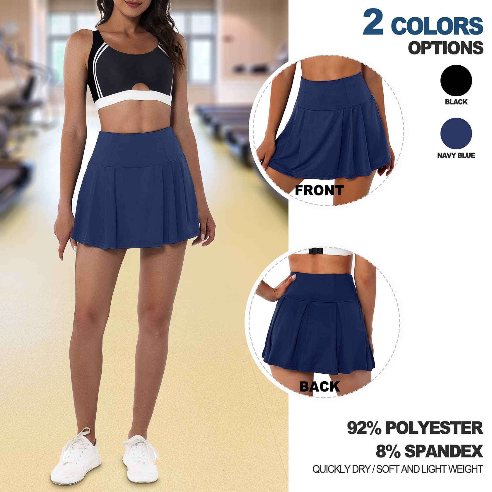 Women's Active Skort Athletic Stretchy Pleated Tennis Skirt for Running Golf Workout Navy Blue