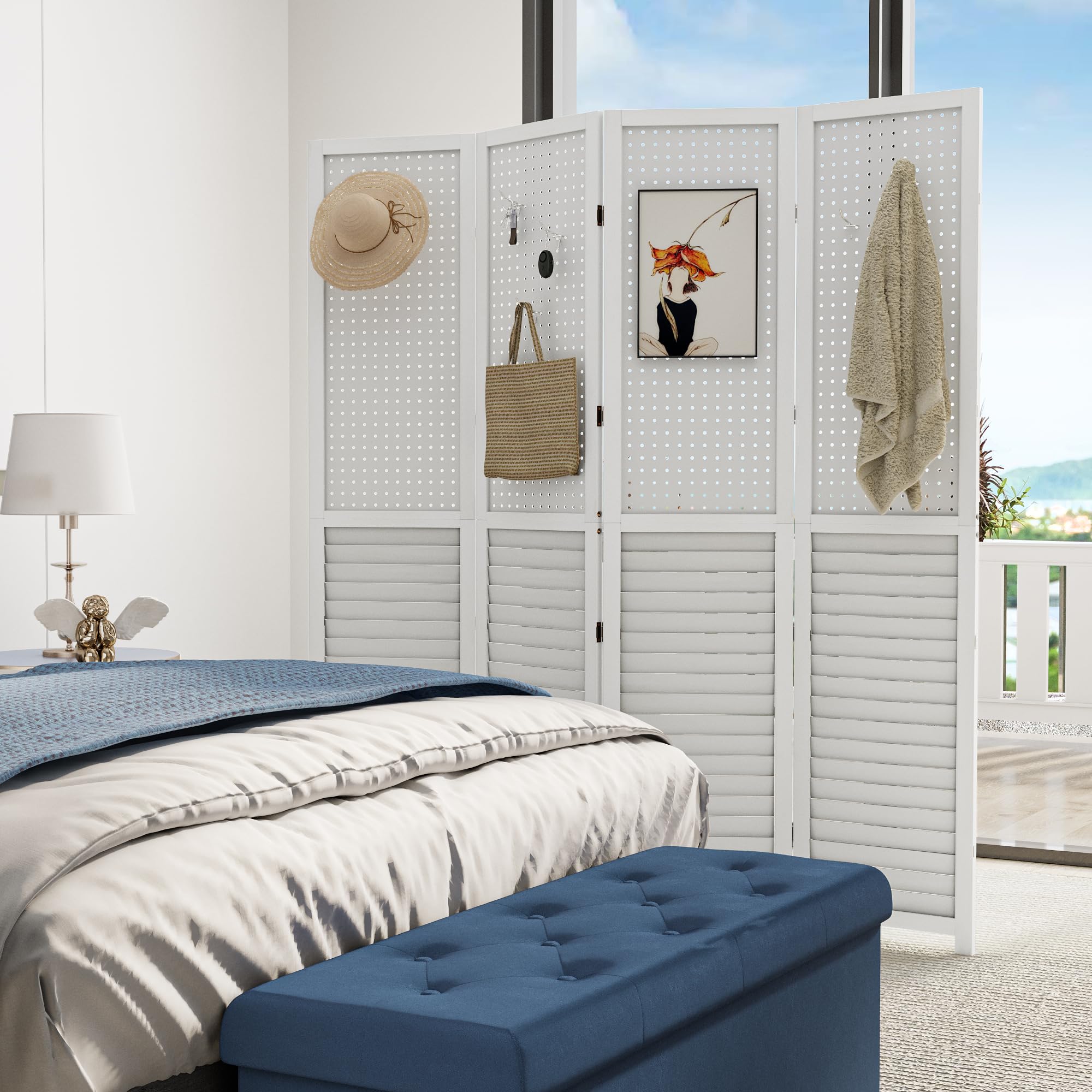 YITAHOME 5.6FT Wood PegBoard Room Divider 4 Panel Folding Privacy Screens and Pegboard Display, Standalone Portable Wall Divider Room Partition for Jewelry, Craft Show, Retail, Bedroom