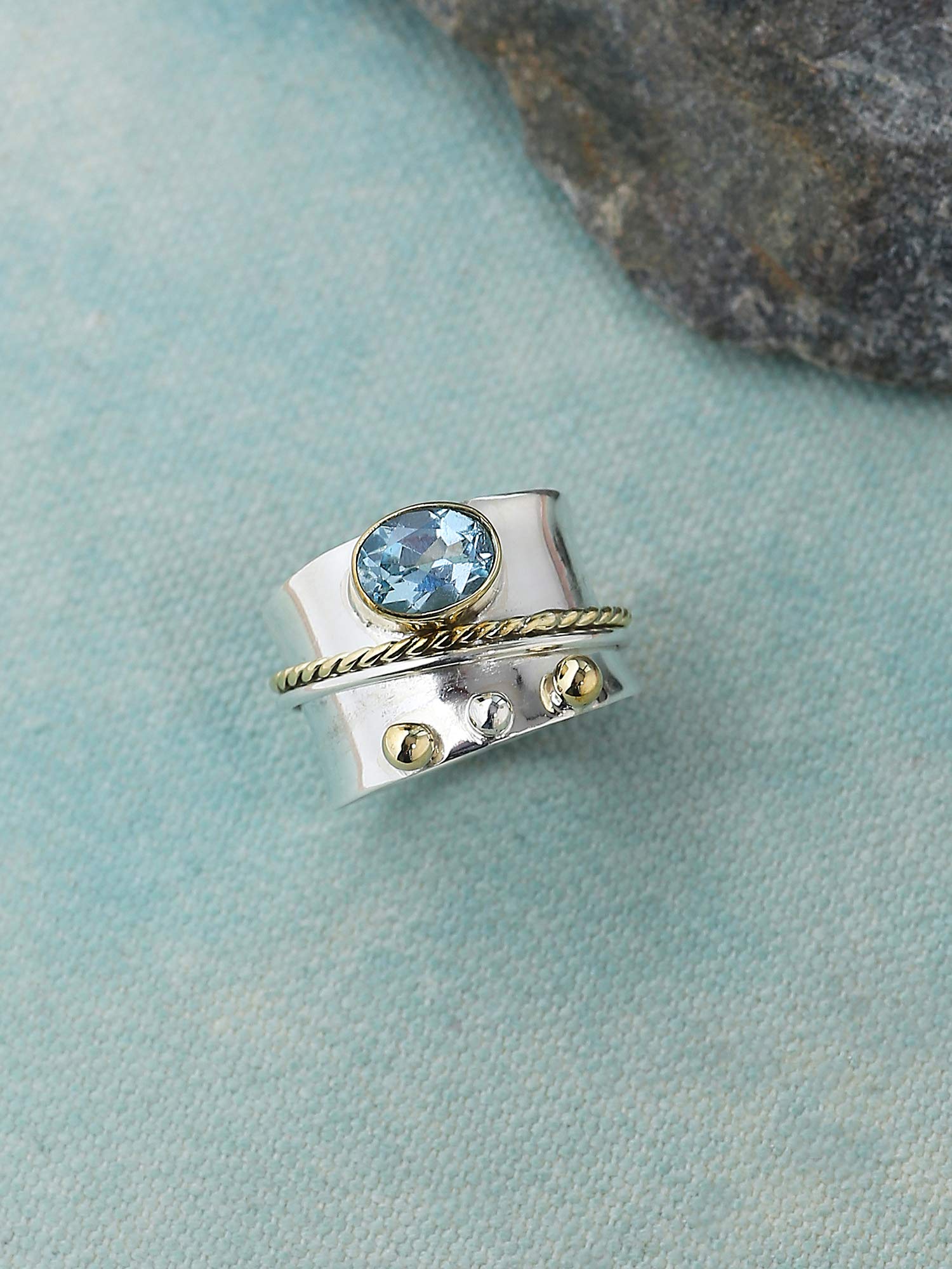 YoTreasure Blue Topaz Solid 925 Sterling Silver Brass Rope Wide Band Boho Ring