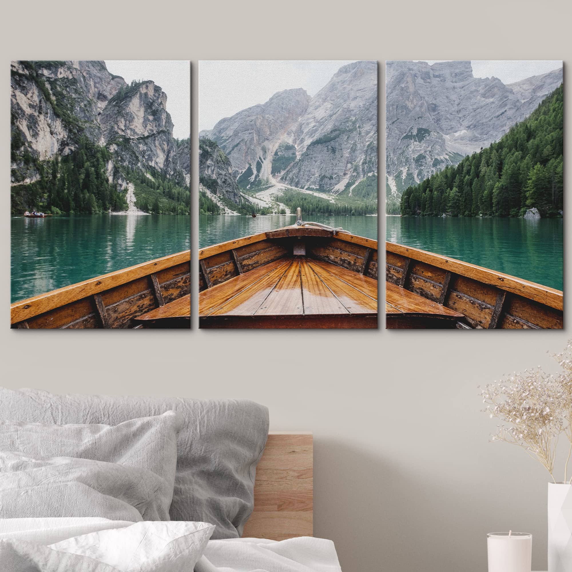 wall26 - 3 Piece Canvas Wall Art - Boat Cruising a Mountain Lake - Modern Home Art Stretched and Framed Ready to Hang - 24"x36"x3 Panels
