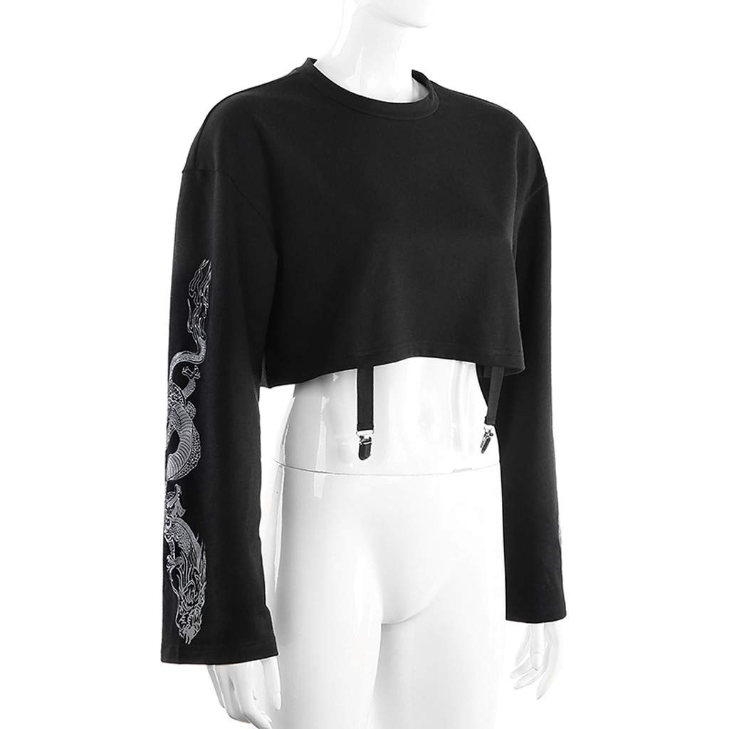 Women's Crop Sweatshirt Punk Goth Dragon Print Buckle Suspender Cropped Top Blouse Pullover Casual Outerwear (Black, L)